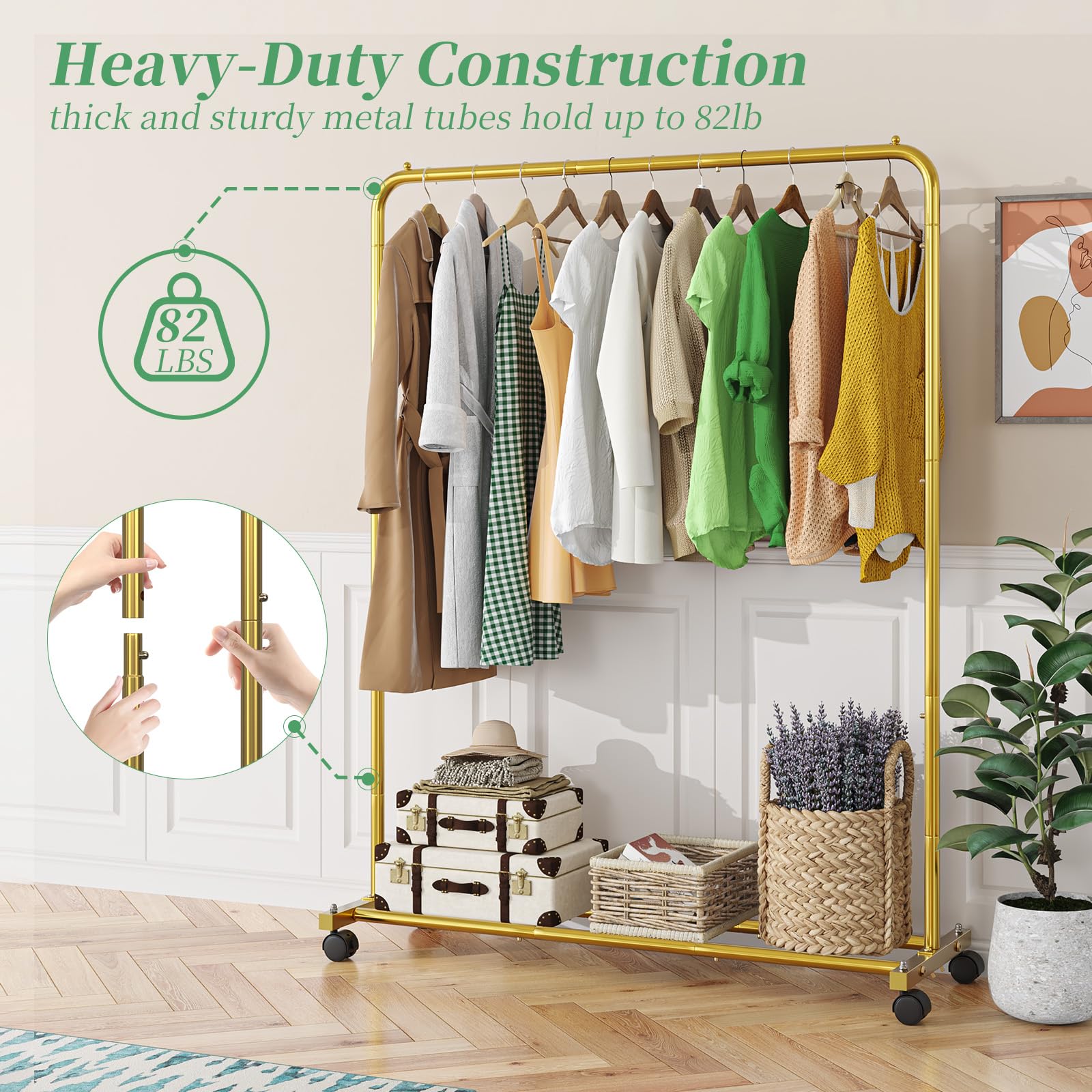 Simple Trending Standard Clothes Clothing Garment Rack with Storage Shelves, Rolling Clothes Organizer on Wheels for Hanging Clothes, Golden Yellow