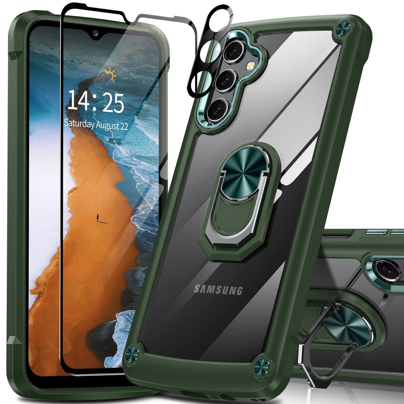 GOLDJU for Samsung Galaxy A14 5G Case, Galaxy A14 Case with [1P Screen Protector]& [1P Camera Lens Protector]& [Metal Kickstand]& [10FT Military Grade Drop Protection] Clear Back 2023(Green)