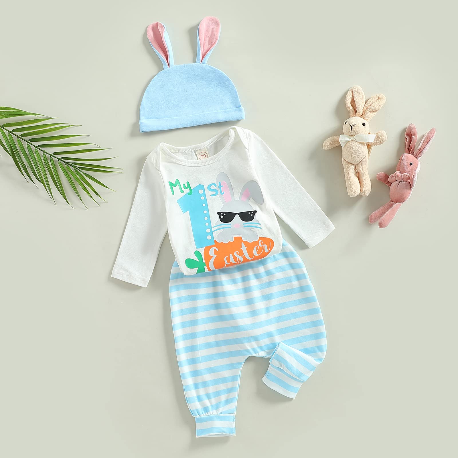 GOOCHEER First Easter Outfit Baby Girl Boy Long Sleeve My 1st Easter Bodysuit Romper Pants Bunny Ears Hat 3PCS Clothes Set (Striped Blue, 3-6 Months)