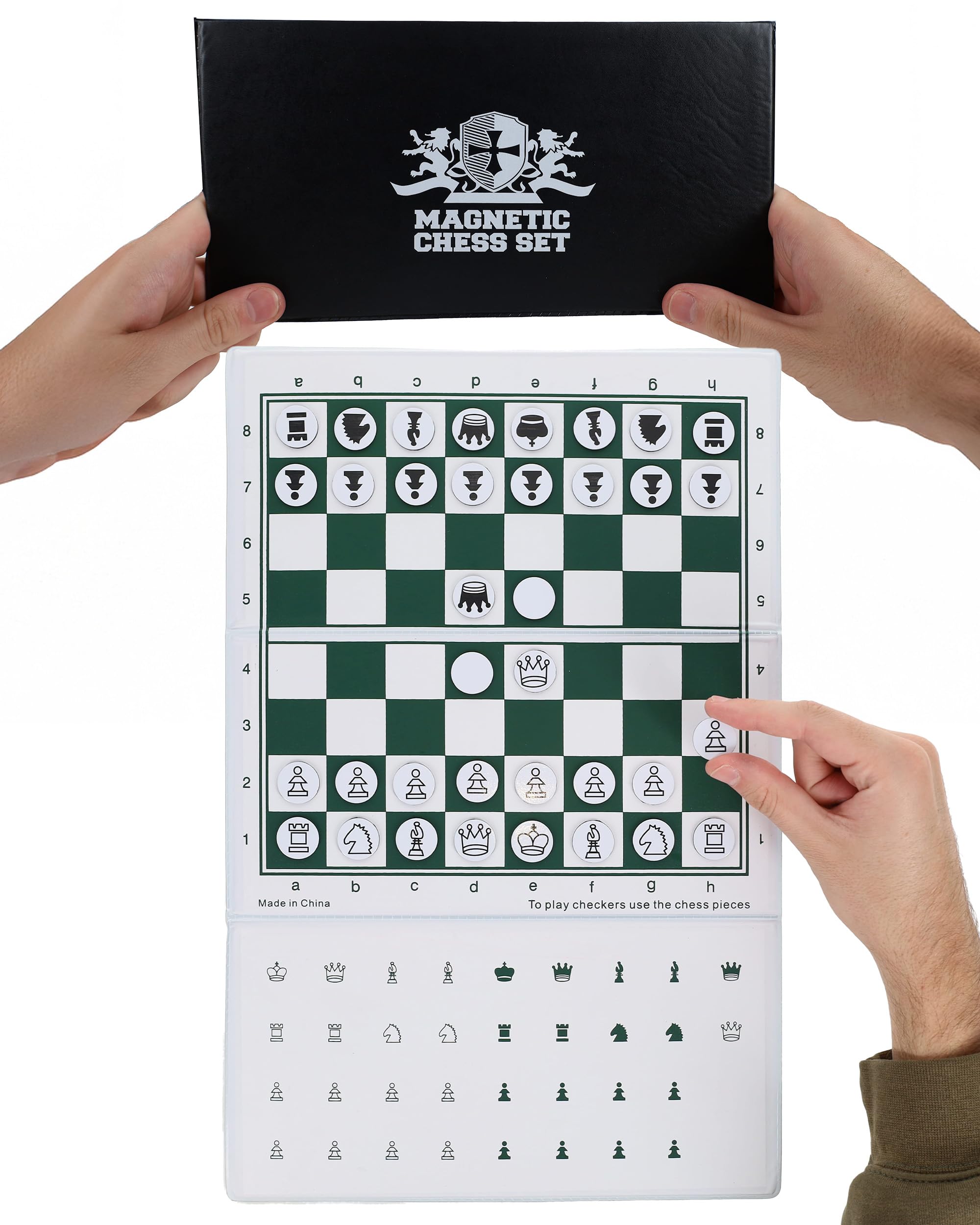 WE Games Mini Chess Set – 10 inch Foldable Pocket Chess Set, Flat Magnetic Chess Pieces, Portable and Travel Chess Set for Adults, White Logo