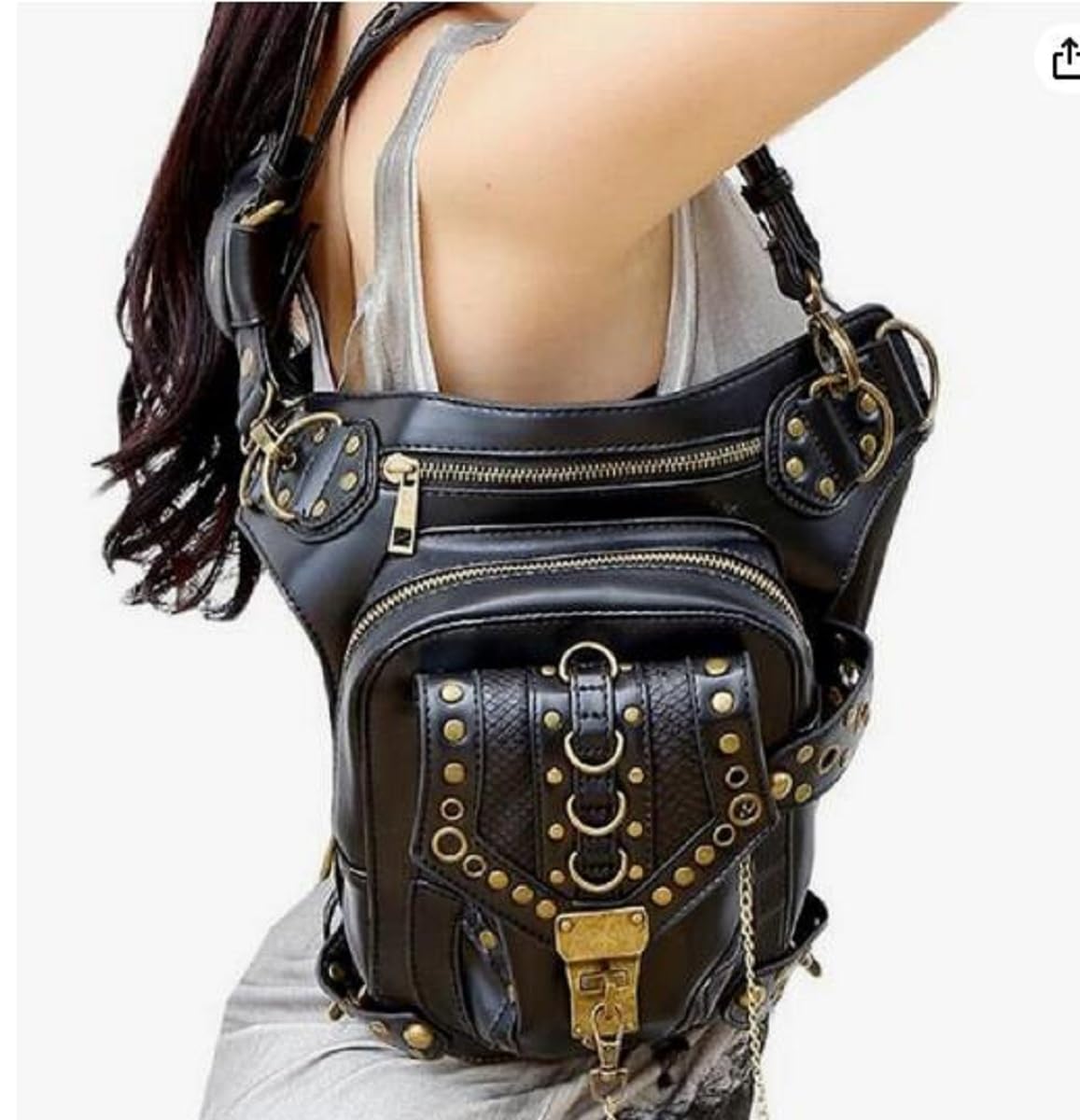 Wendingstan Rock Leather & Vintage Gothic Retro Steampunk Handbag Victorian Style Shoulder Waist Bag Black, Medium