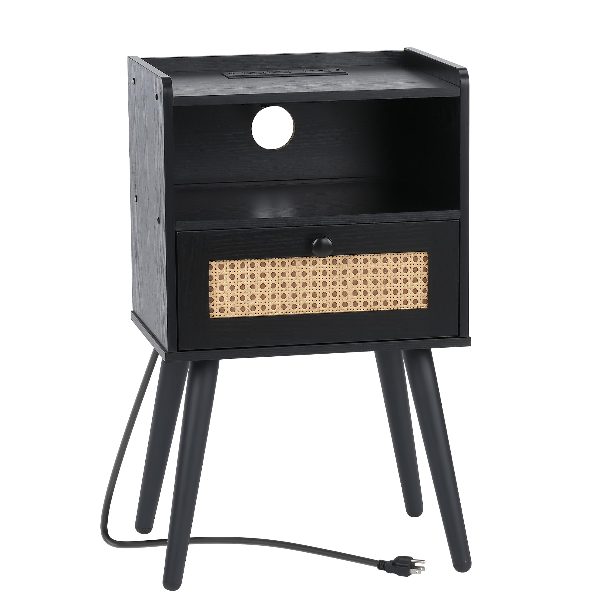 Conami End Table with Charging Station, Black Nightstand, Side Table with Rattan Drawer and Storage, Small End Table for Bedroom, Living Room