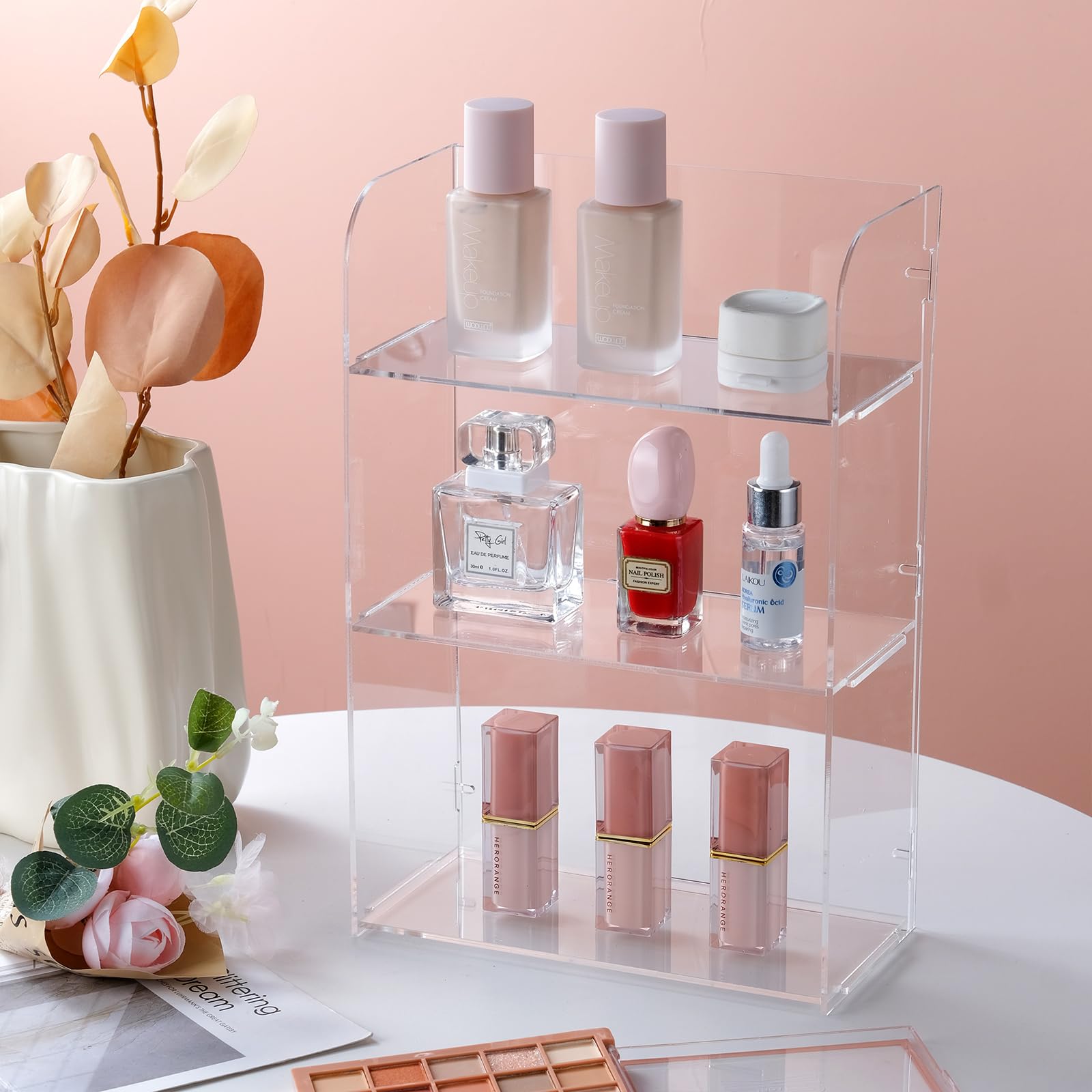 RAMFIYN Clear Acrylic Perfume Stand Organizer, 3 Tier Clear Bathroom Organizer, Corner Vanity Shelf, Skin Care Organizer, Small Acrylic Organizer Makeup Organizer Shelf