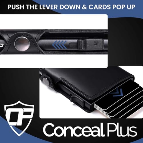Conceal Plus Wallet for Men, Pop Up Wallet Credit Card Holder - RFID Blocking, Slim Minimalist Credit Card Case (Genuine Black Leather)