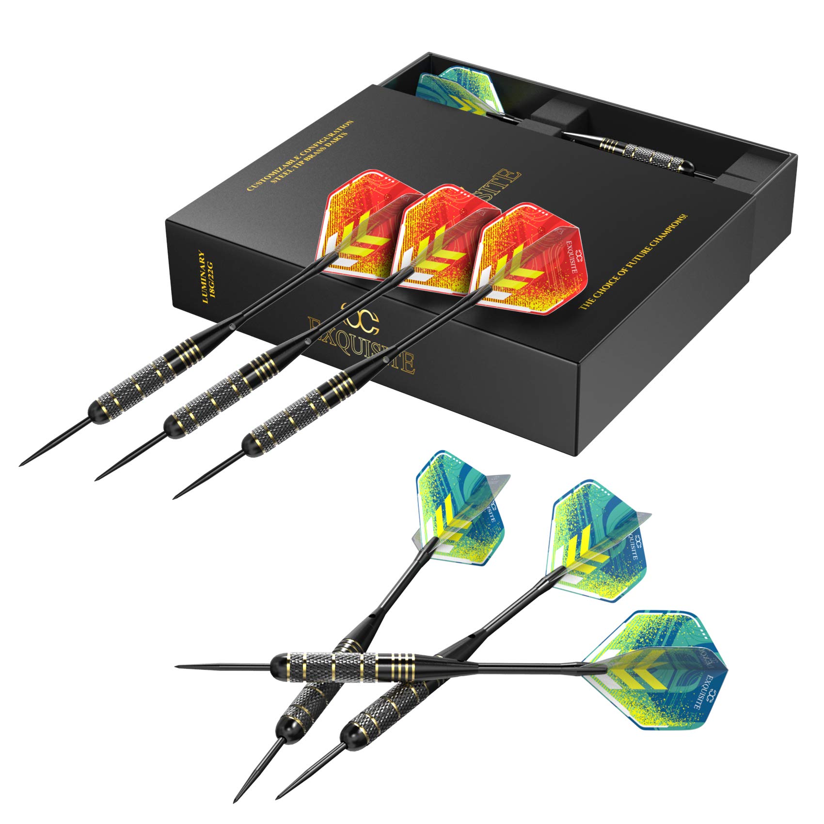 CC-Exquisite Professional Steel Tip Darts Set - 6 x 22g Brass Barrels with 12 Flights Standard/Slim, 12 Aluminum Shafts 35/48mm, 12 O-Rings, Dart Tool (Black - Luminary 18g/22)