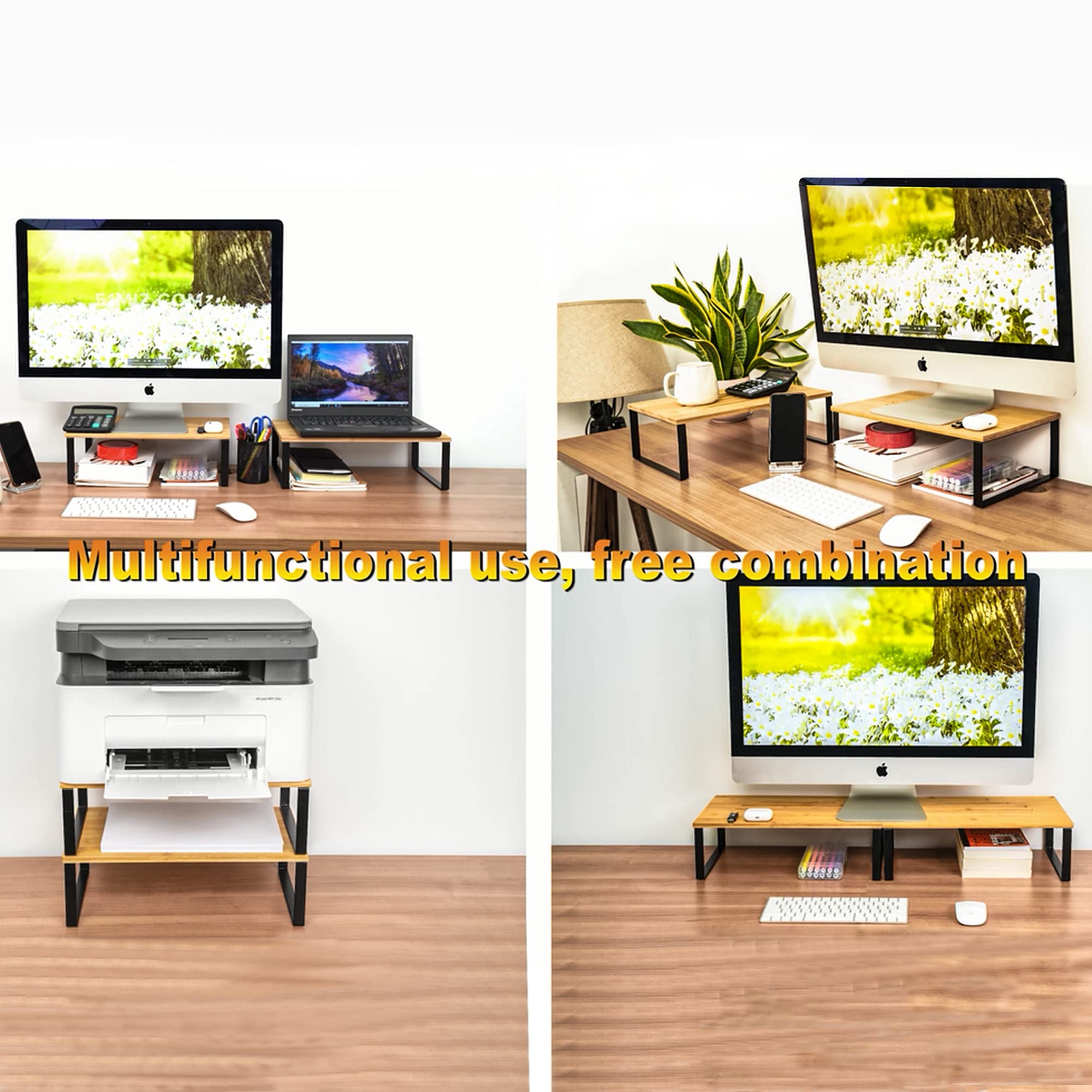 OUTWOLF 2 Pack Monitor Stand Riser,Bamboo Dual Desk Organizer with Rubber Non Slip Pieces for Computer Laptop Printer,Upgrated Version.