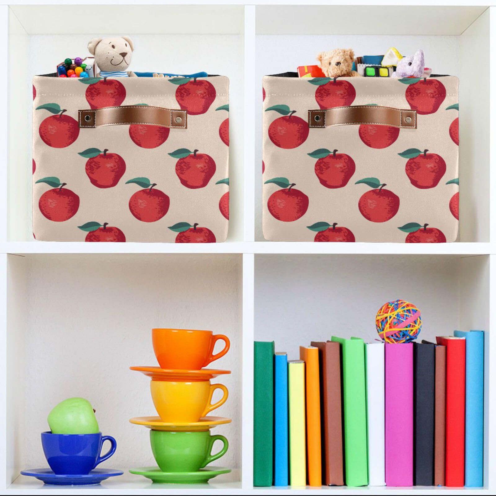 YEGAME Storage Basket Summer Apples Rectangular Collapsible Canvas Shelves Storage Bins with Leather Handles for Shelves Home Closet Bedroom Living Room, 2Pack