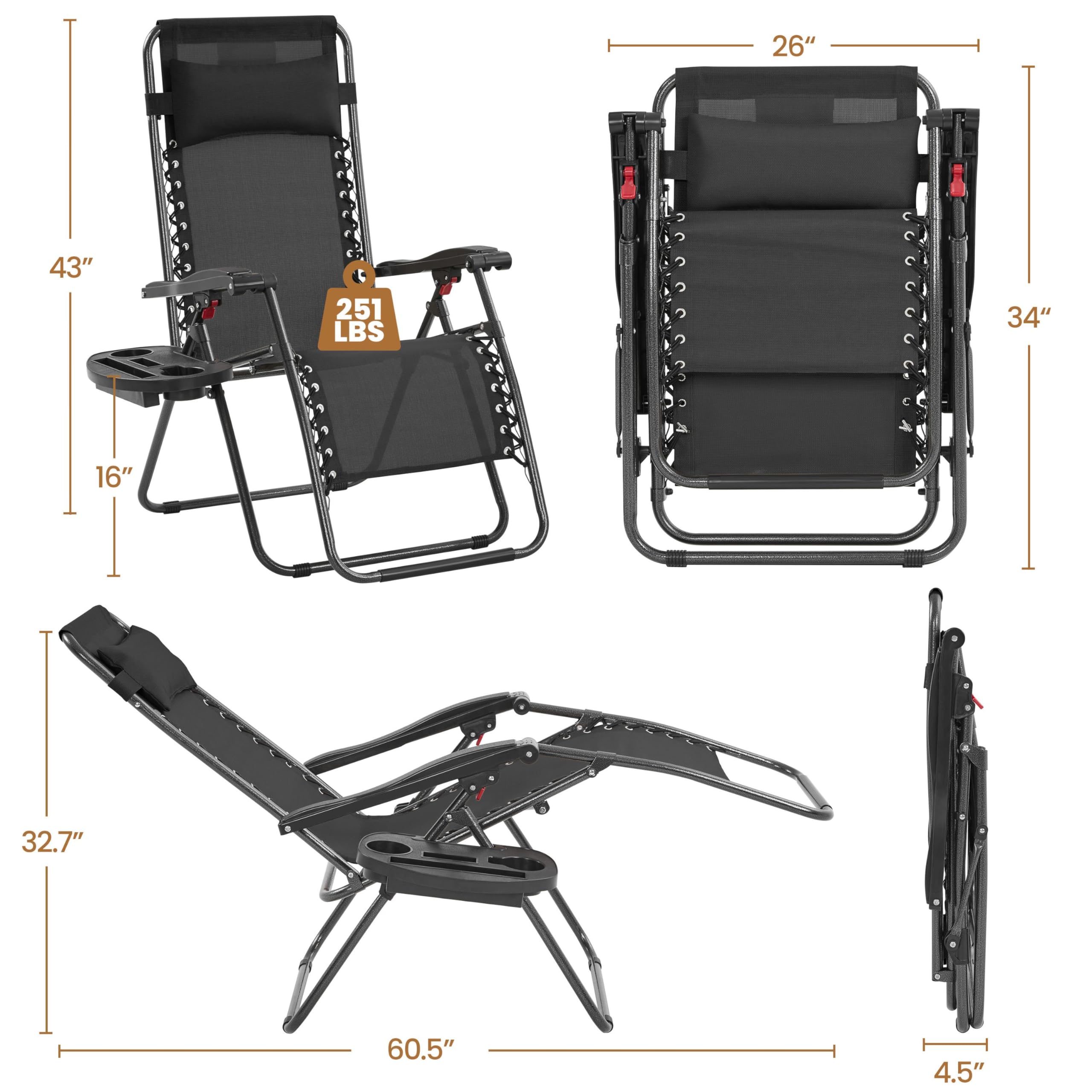 Yaheetech Zero Gravity Recliners Outdoor Adjustable Folding Reclining Lounge Chairs w/Pillows, Cup Holder Trays and Carry Strap for Patio Backyard Beach Black Set of 4