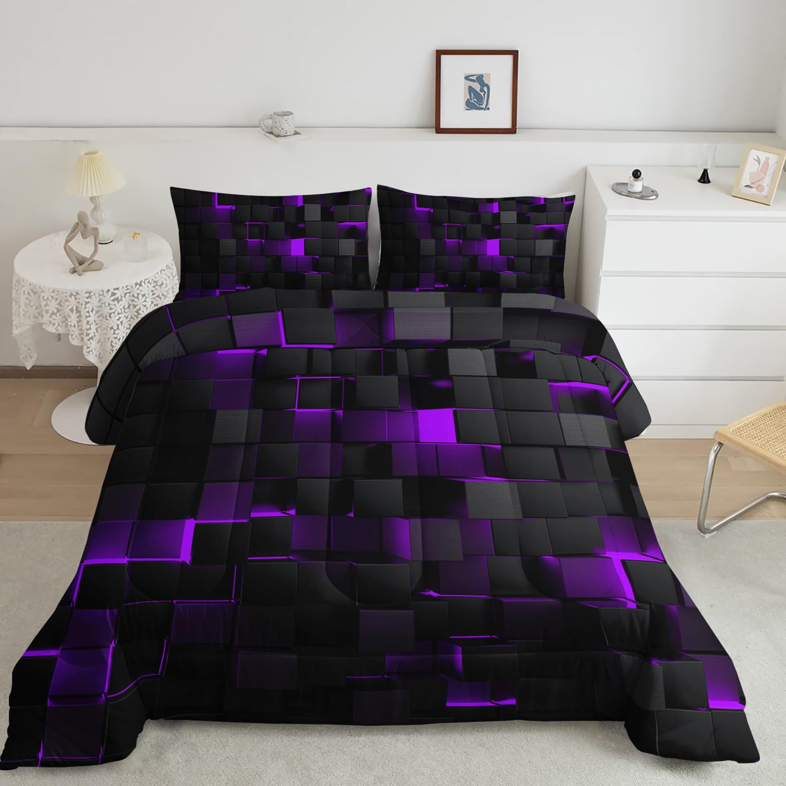 Geometric Violet Black Comforter Set,Light Honeycomb 3 Piece Bedding Set Full Size for Teen Boys,Modern Bedding Quilt Set Geometry Decor,Microfiber Lightweight 1 Comforter 2 Pillowcases All Season