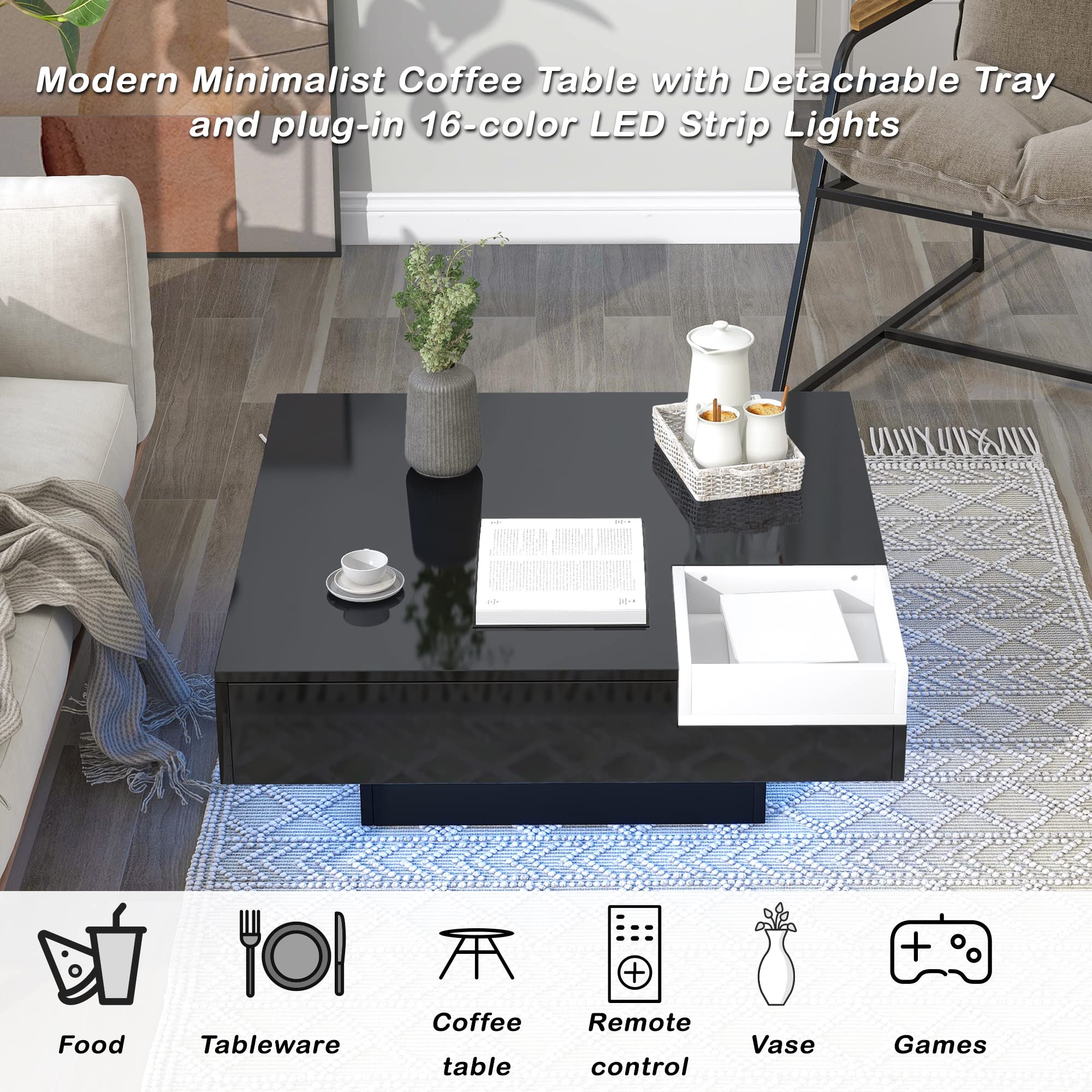 Coffee Table, Modern 2-Tier Rectangle Coffee Table with High-gloss UV Surface, Minimalist Design Coffee Tables for Living Room, Black
