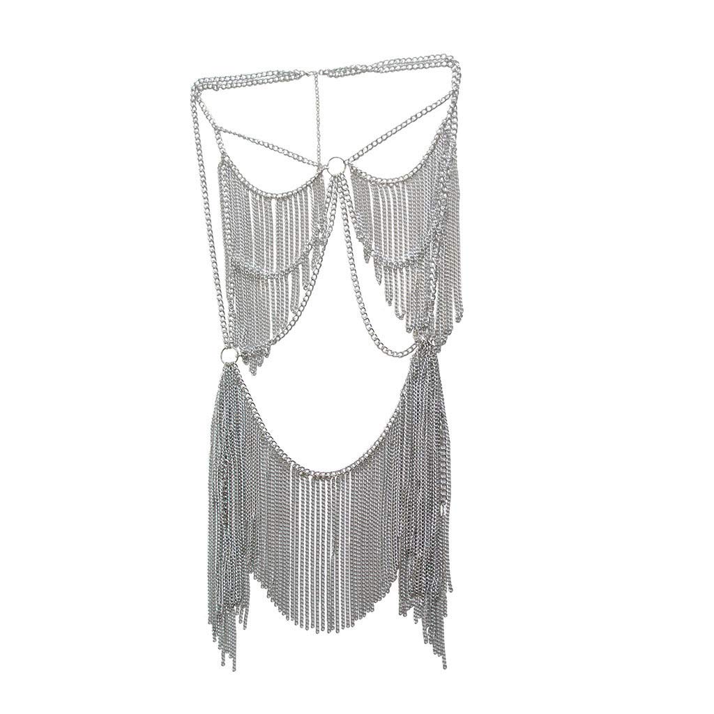 Connie Cloris Women's Sexy Suit Body Chain (Silvery Color-Personality Hanging Needle Connected Body Chain-8)
