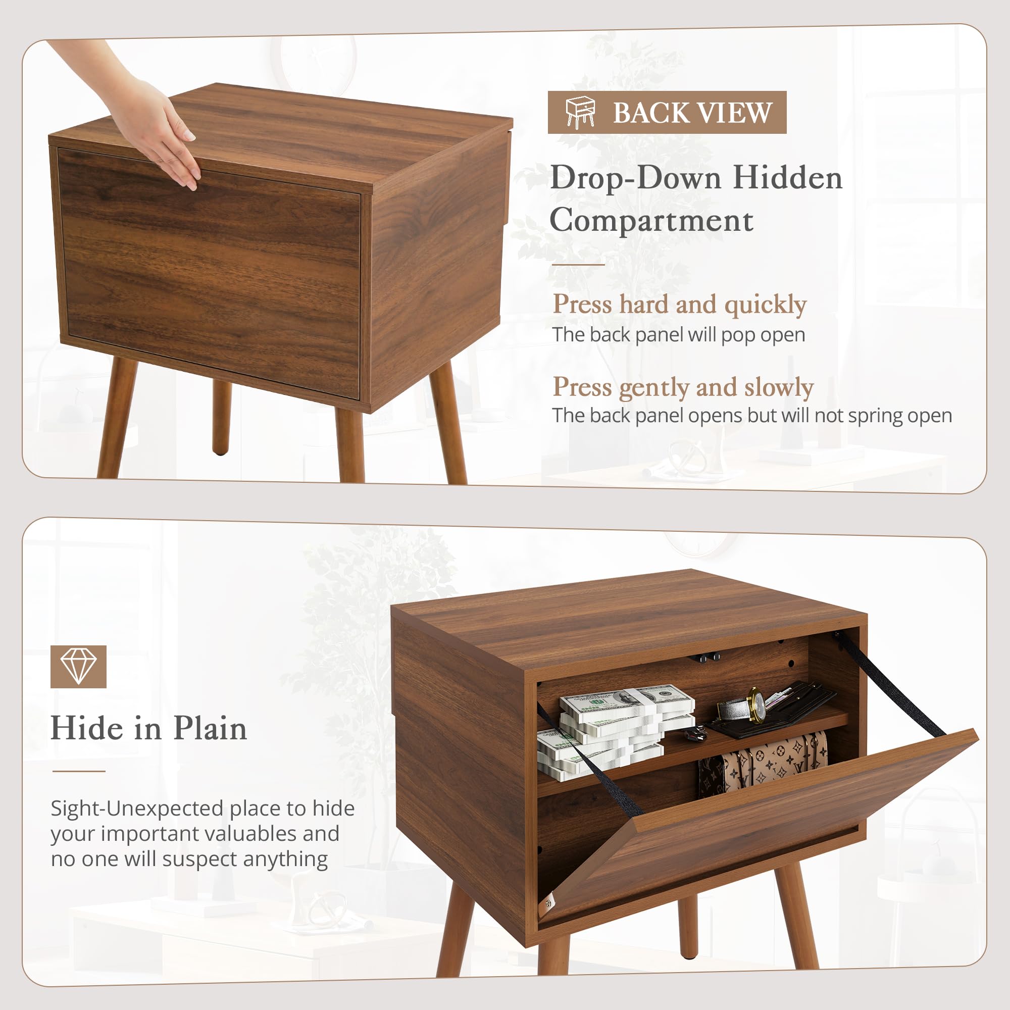 Mazefur Hidden Compartment Night Stand Set 2, Mid Century Modern Concealment Furniture, End Table with Storage Drawer, Bedside Table with Wood Legs for Bedroom (2,Walnut)