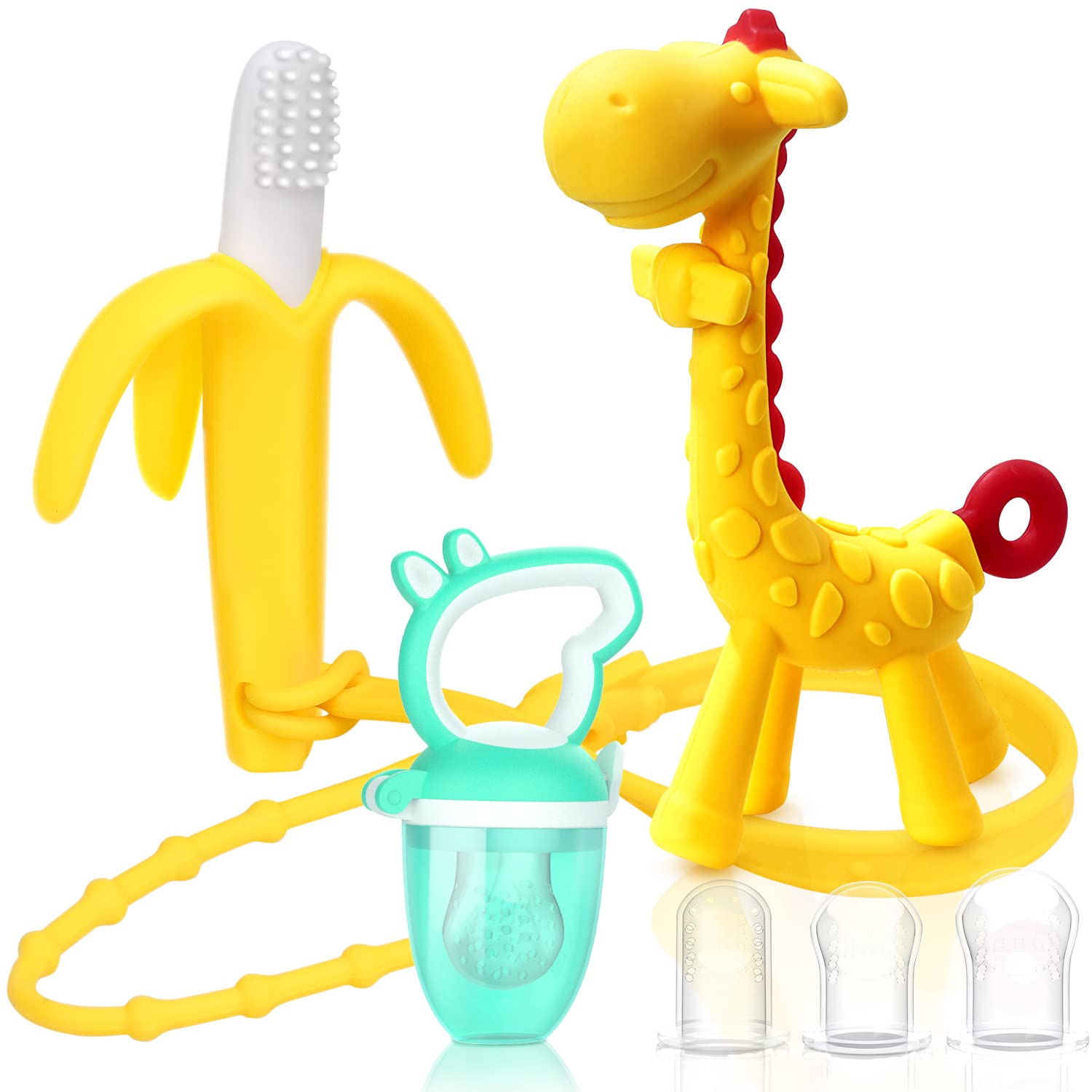 SHARE&CARE Baby Teething Toys for Girls and Natural Organic Fruit Feeder Pacifier/Baby Teether Chew Toys Fresh Food Feeder/ 1 Teethers and 1 Feeder with 3 Silicone Sacs (Yellow)