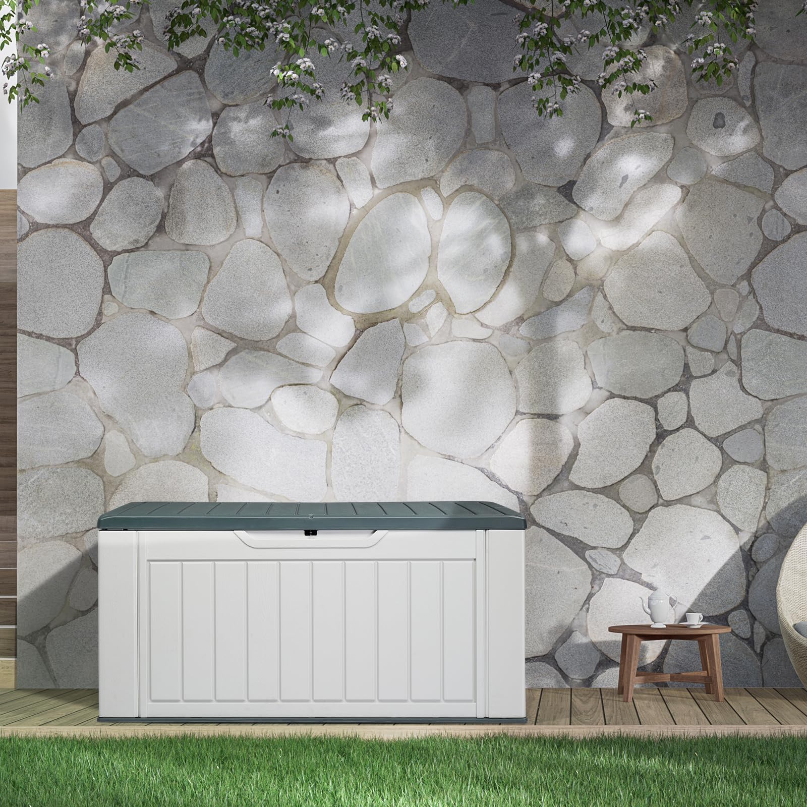 VINGLI Upgraded 158 Gallon Outdoor Storage Box, Lockable Resin Storage Containers with Lid, Wooden Grain Surface Deck Box Patio Furniture for Garden, Pool, Balcony, Yard