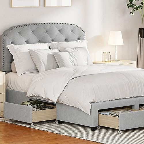 DG Casa Argo Upholstered Panel Bed Frame with Storage Drawers and Diamond Button Tufted Nailhead Trim Headboard, King Size in Platinum Fabric