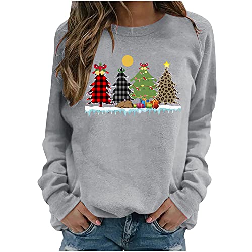 GuangYuan Women Long Sleeve Shirt Christmas Print Pullover Large Size Slouchy Sweatshirt Drop Shoulder Pullover Baseball T-Shirt Grey