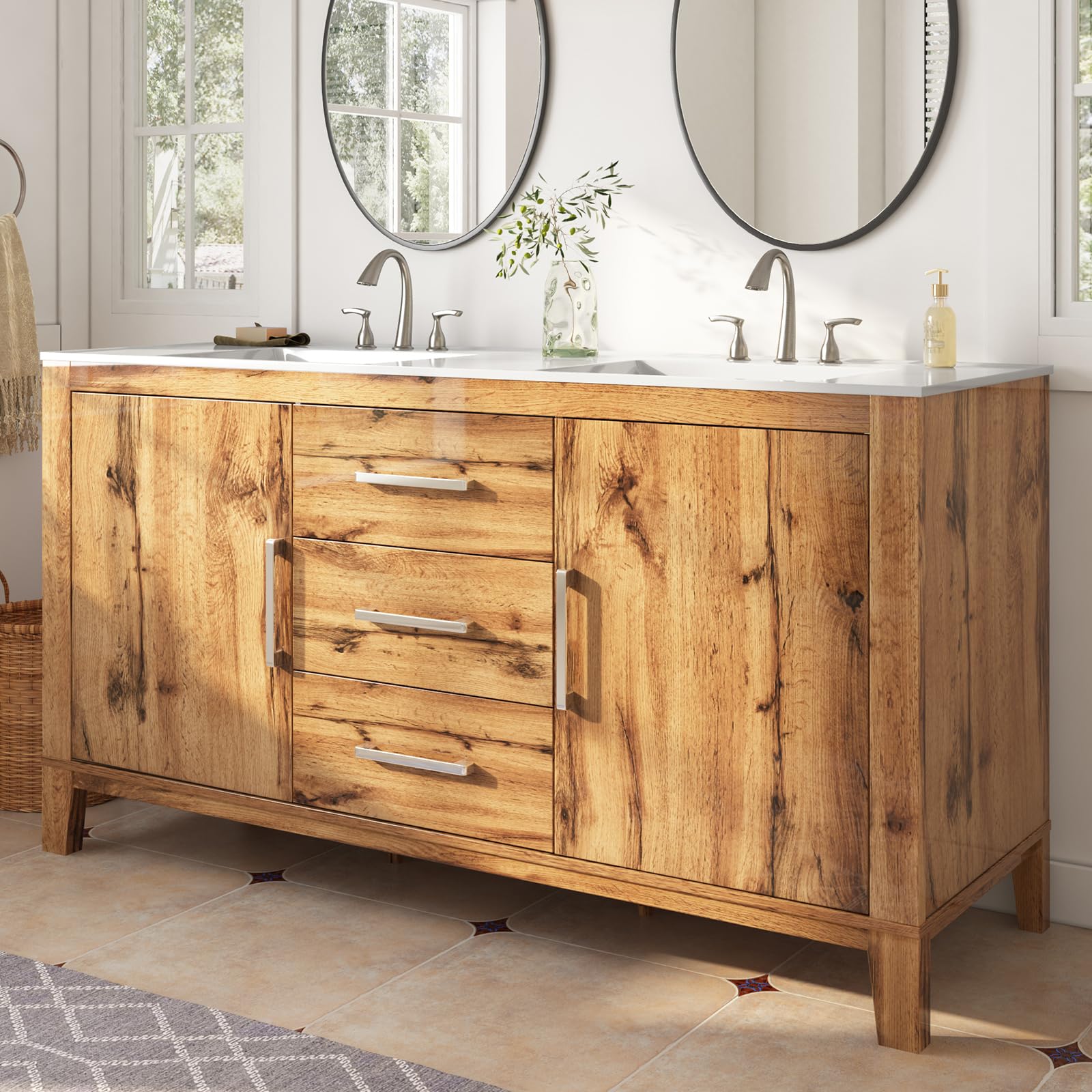 LUXOAK High Gloss 60" Bathroom Double Vanity with Sink, Wood Grains Bathroom Cabinet with Storage & Aluminum Handles & Soft Closing Doors, Retro, Yellow Oak