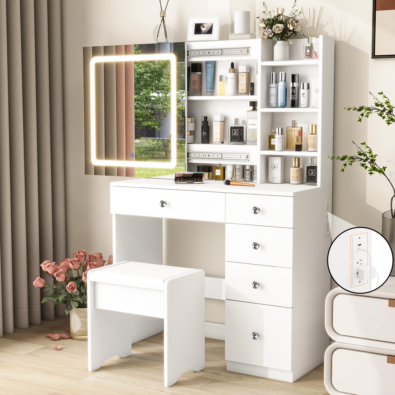 Sokiche Makeup Vanity Desk with Sliding Mirror and LED Lights & Charging Station, 35.4" White Vanity Table Set with 5 Drawers & 7 Shelves,3 Light Modes, Dressing Table for Bedroom,Stool Include, White