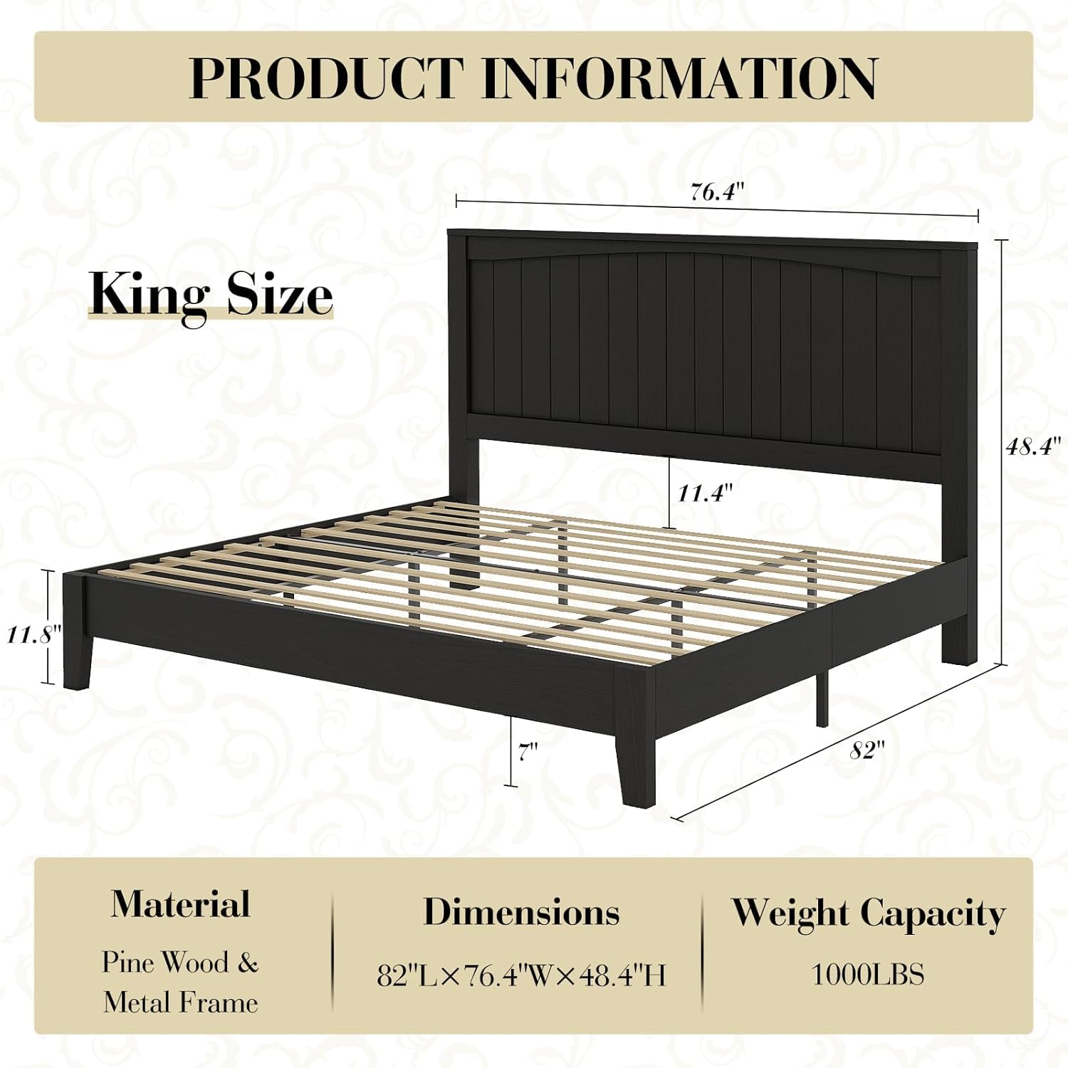 LUXOAK Queen Size Solid Wood Bed Frame with 48.4 inch Tall Headboard, Mid-Century Modern Platform Bed with Wooden Slats and Metal Frame. No Box Spring Needed, Easy Assembly, White
