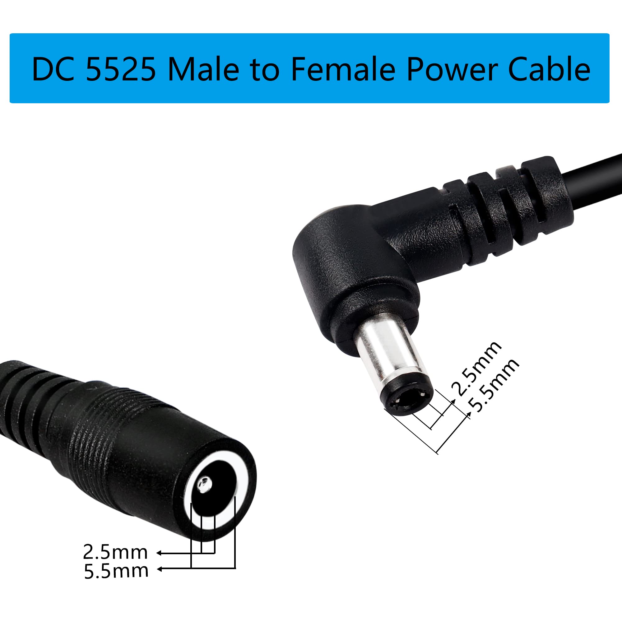 GINTOOYUN 2 Pack DC5525 Power Extension Cable, DC 5.5mm x 2.5mm Right Angle Male to Female Power Adapter Cable，3FT 18AWG Heavy Duty Cord for Strip Lihgt,CCTV,Car,Monitors,etc. 1M
