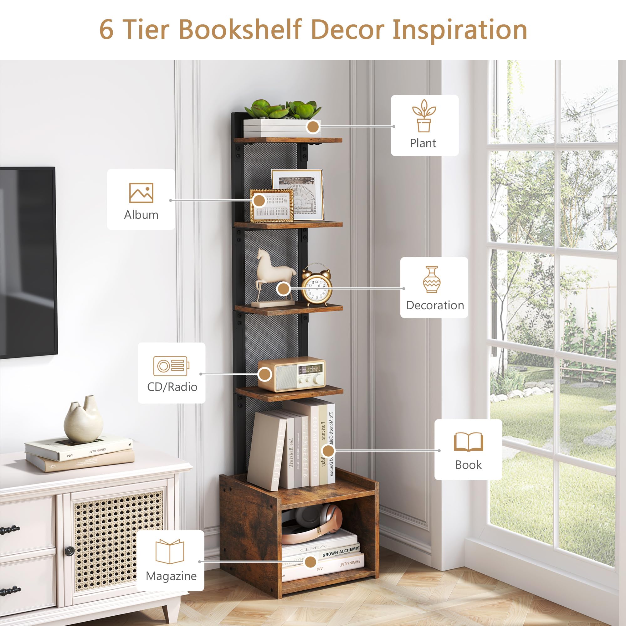 Gewudraw Bookshelf, Spine Display Shelf, Tall Thin Bookcase with 6 Storage Shelves, Narrow Storage Rack Shelving Unit with Drawer, Steel Frame, Rustic Brown and Black