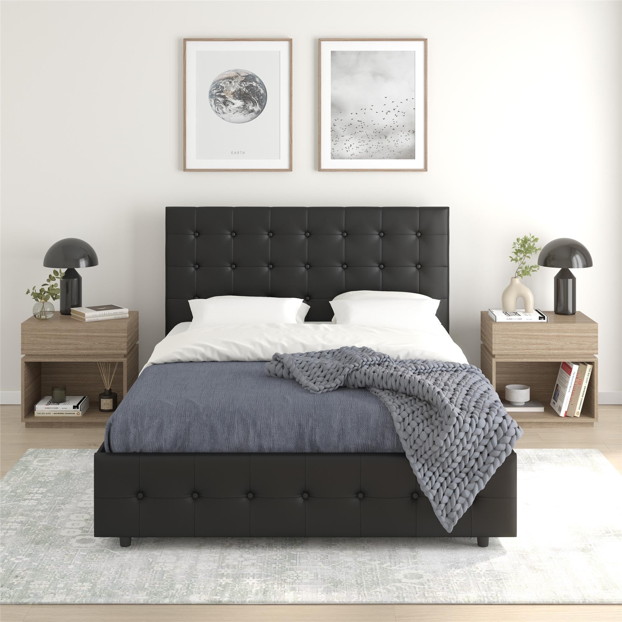 DHP Cambridge Gas Lift Upholstered Platform Bed with Storage Compartment and Button Tufted Headboard and Footboard, No Box Spring Needed, Queen, Black Faux Leather