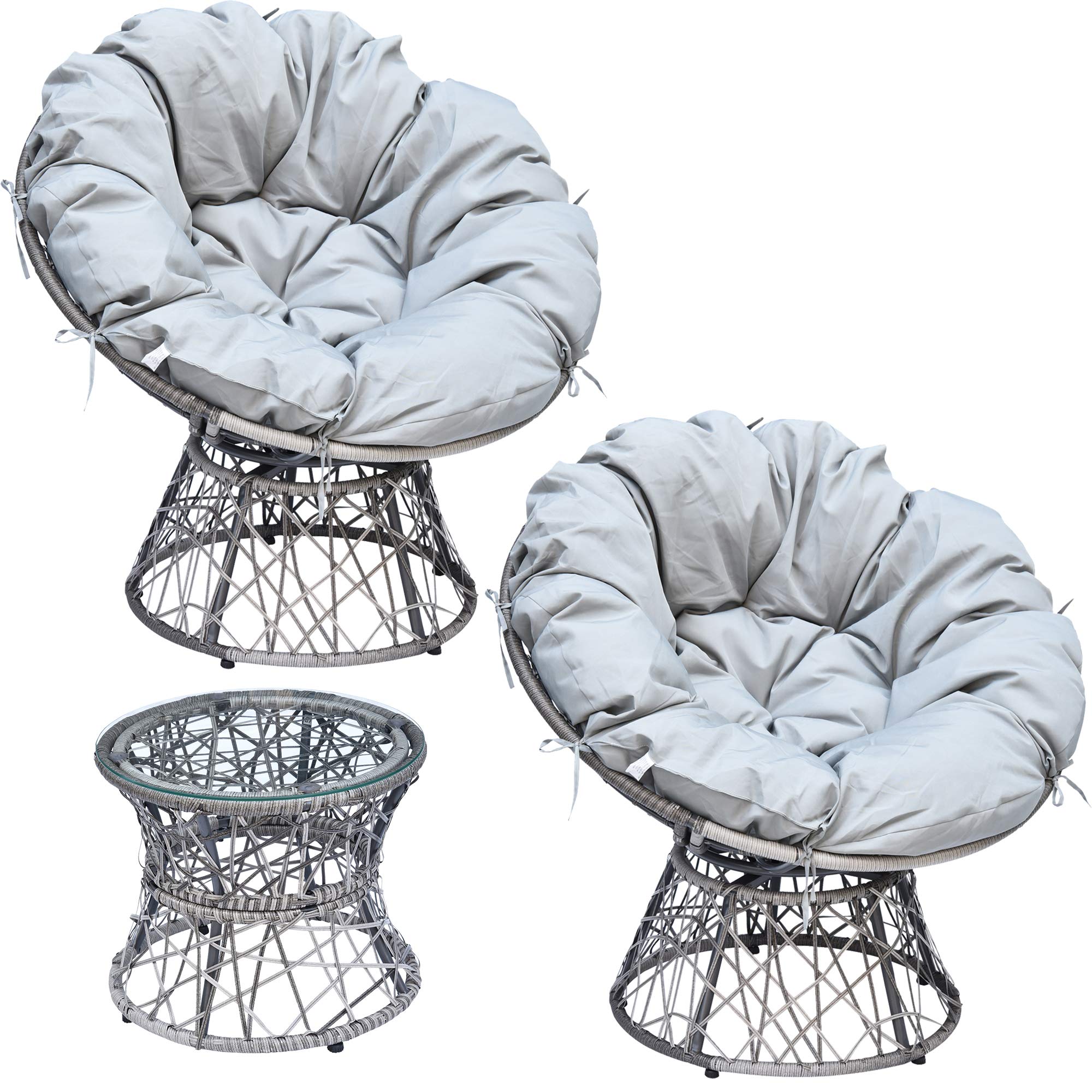 MCombo Patio Wicker Papasan Swivel Chair Sectional Set with Cushion and Frame Base Rattan Comfy Outdoor Loveseat Gray Outdoor Indoor,Dorm,Living Room for 2 Person 6081-PC03-EY