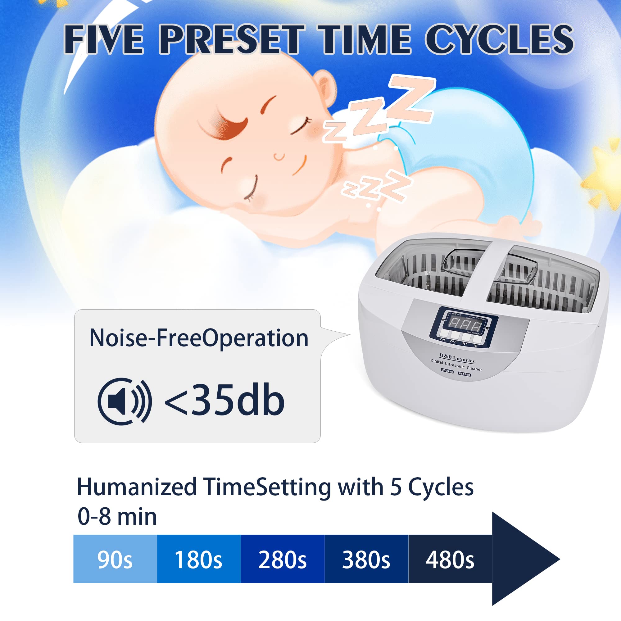 H&B Luxuries Professional Ultrasonic Cleaner with Heater 160 Watts 2.5 Liters for Dental Carb Parts Jewelry Dentures Also Good Home Use