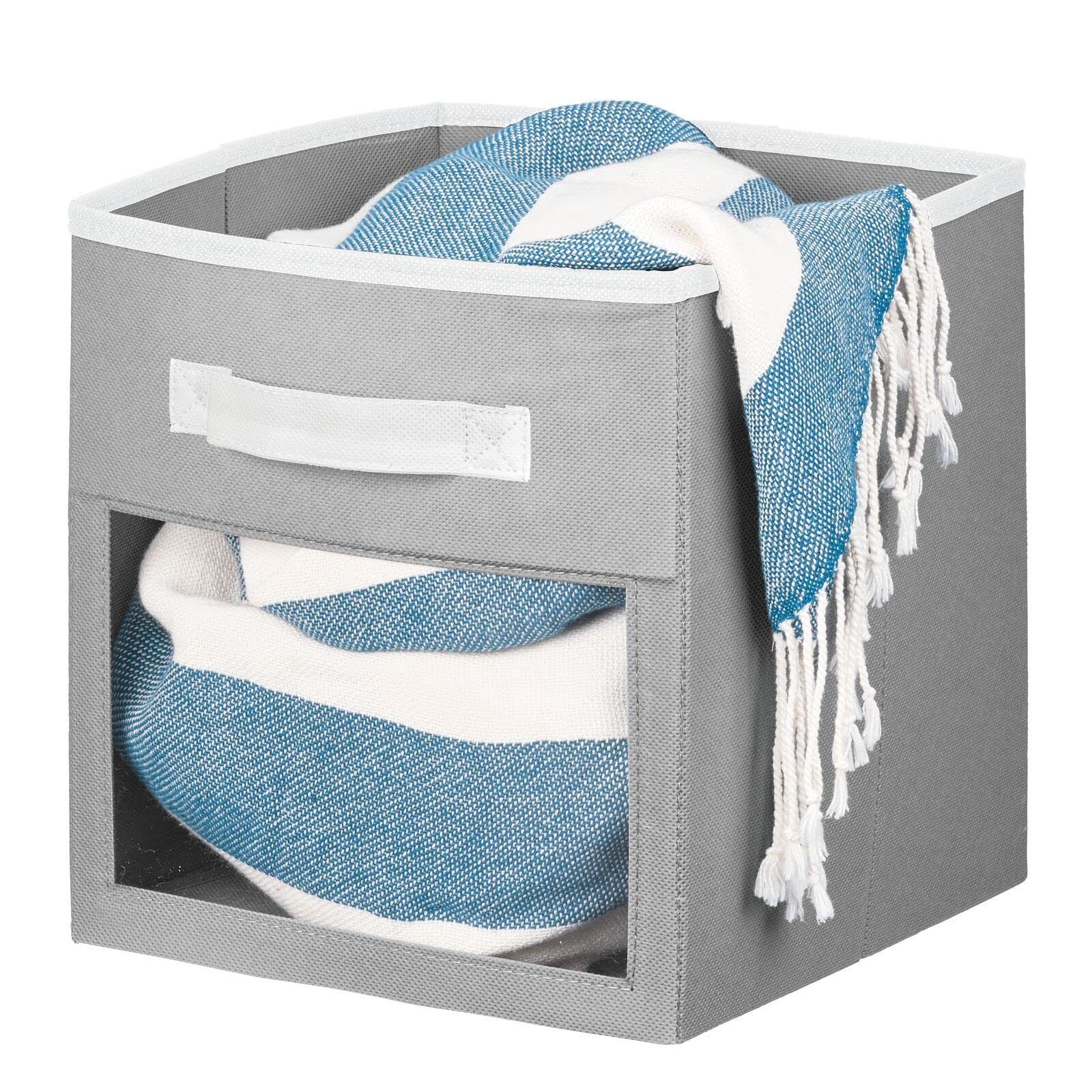 mDesign Fabric Nursery/Playroom Closet Storage Organizer Bin Box with Front Handle/Window for Cube Furniture Shelving Units, Hold Toys, Clothes, Diapers, Bibs, Jane Collection, 4 Pack - Gray/White