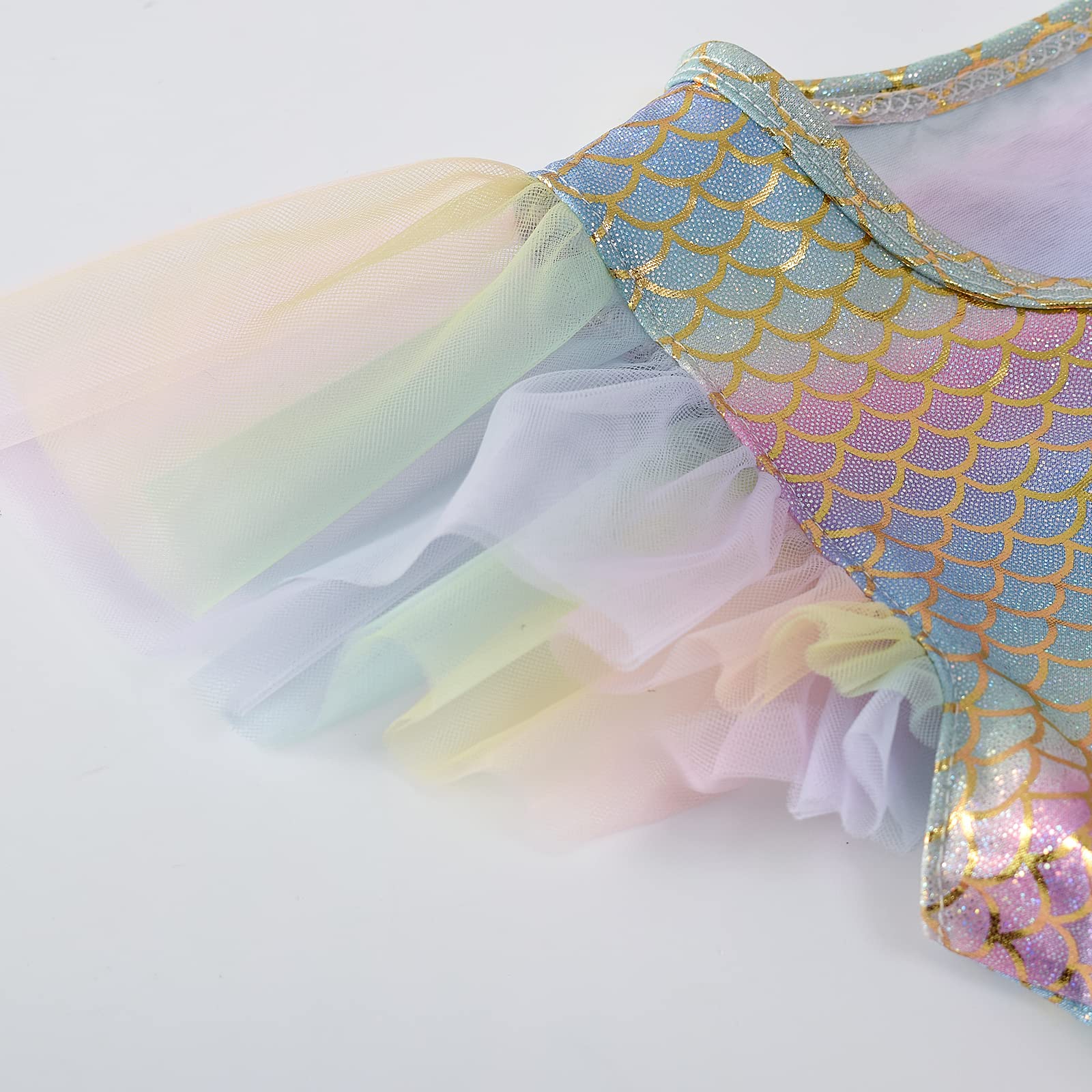 Girls Tutu Dress Rainbow Tulle A-Line Ruffle Sleeve Mermaid Party Dresses 4T