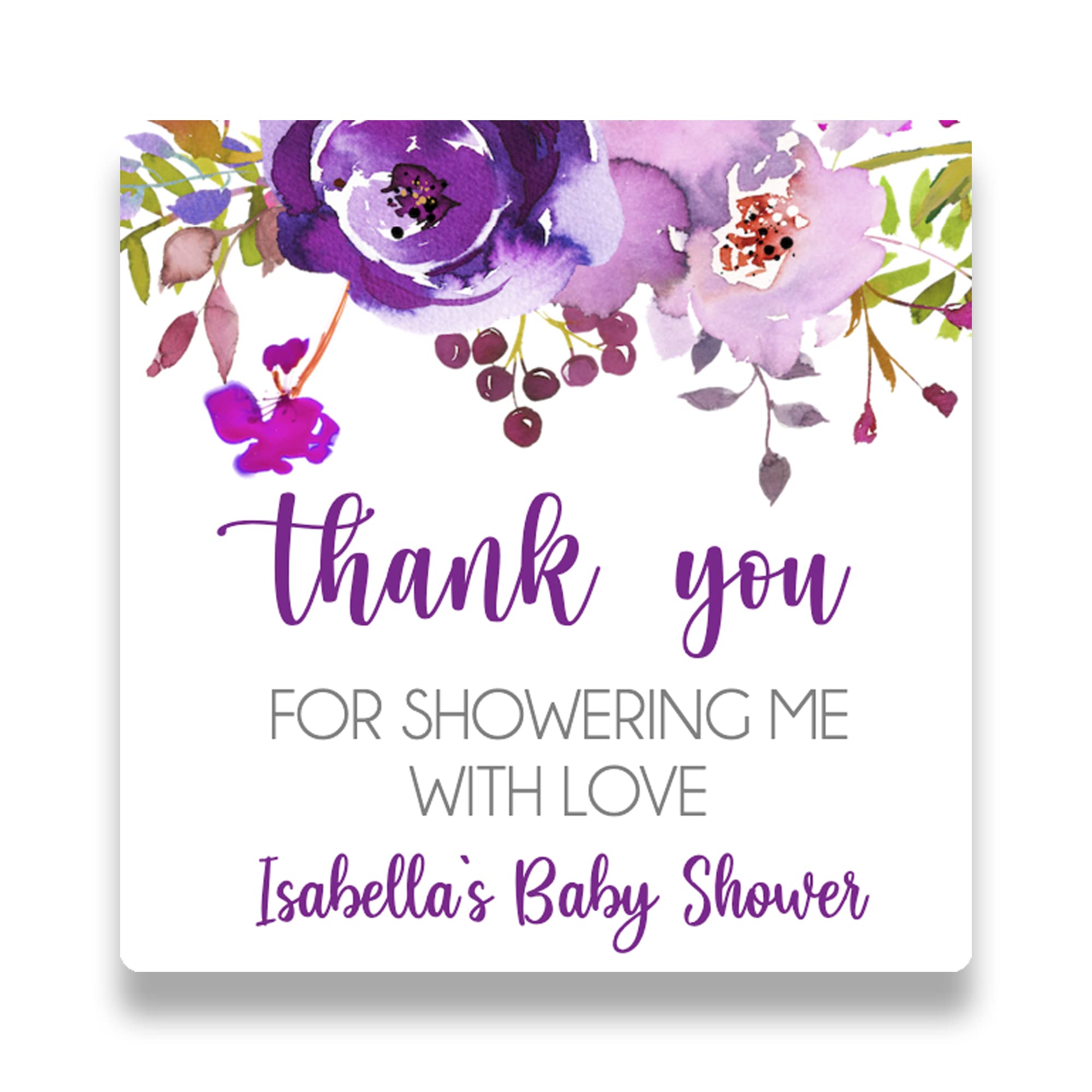 Personalized Purple & Lavender Floral Baby Shower Favor Stickers | Set of 20 Square Baby Shower Thank You Labels (FL138)