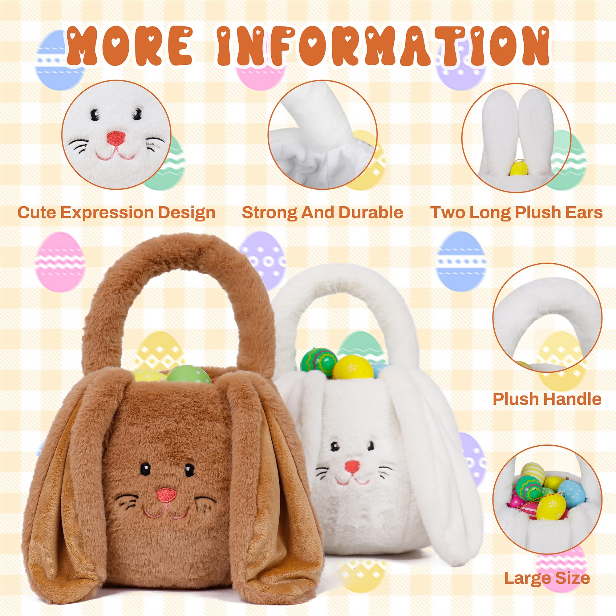 OurHonor Easter Basket Plush, Bunny Easter Basket For Kids, Plush Easter Buckets With Long Ear Easter Bags for Boys Girls, Easter Tote Bags For Decorations Gifts Storage (Brown)