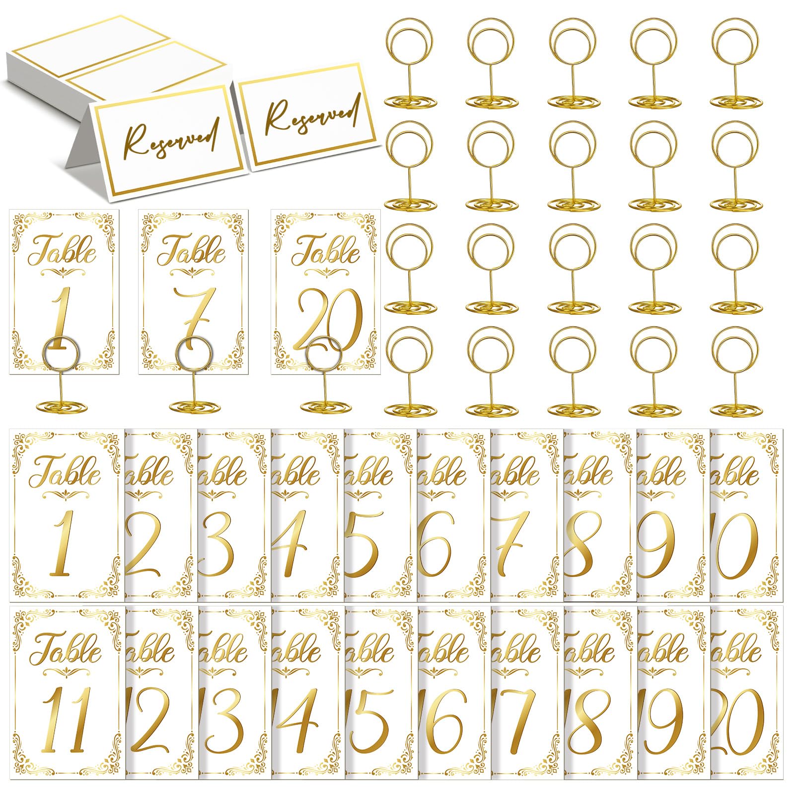 GGSTDDUP Wedding Table Numbers 1-20 with Place Cards and Table Number Holders, Elegant Gold Table Numbers for Wedding, Anniversary, Party