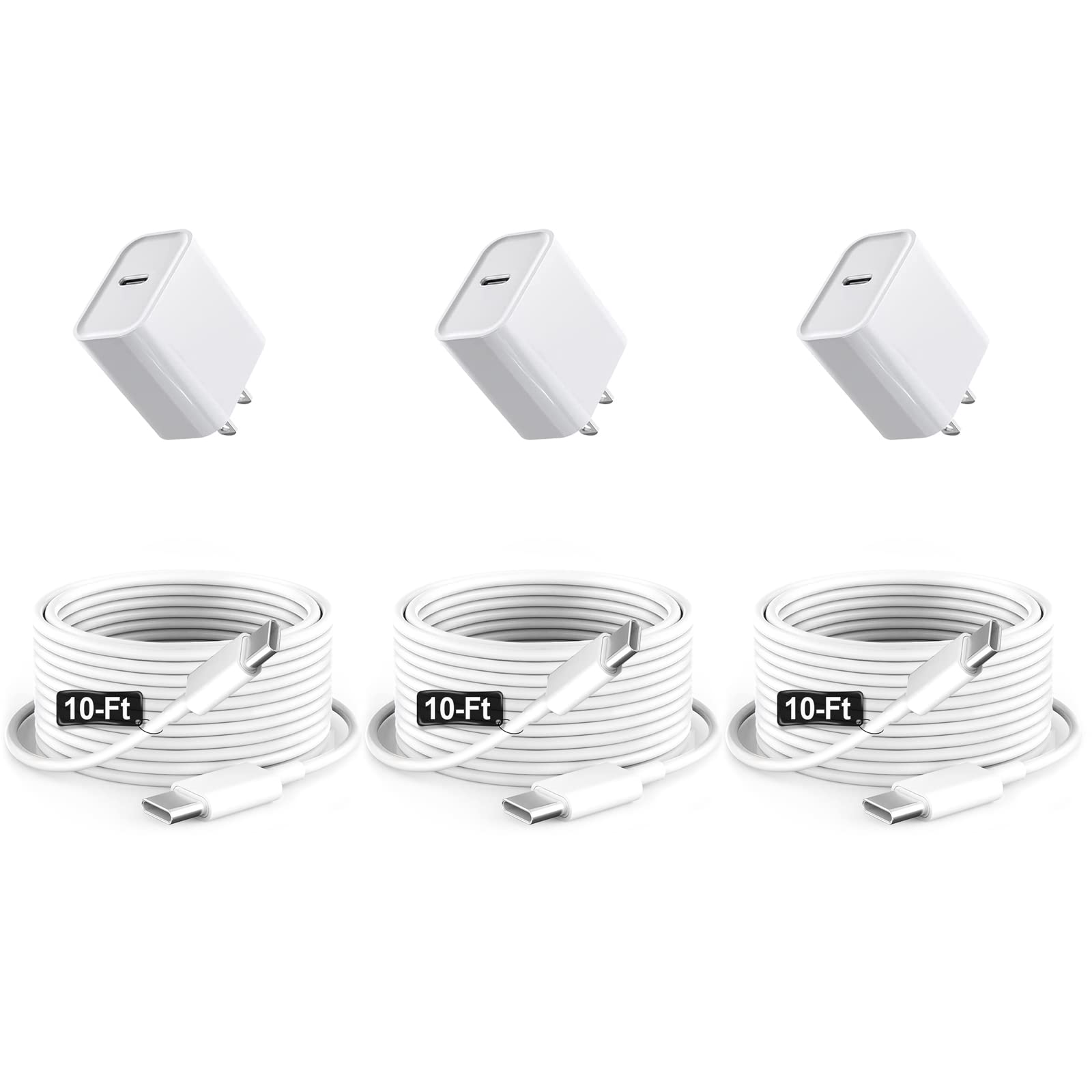 GKW i Pad Charger Fast Charging Long Cord for iPad Pro 13/12.9/11 inch M4,for iPad Air 6th M2/5th/4th,for iPad 10th Generation,for iPad Mini 6, 10ft USB C to C Cable and USBC Block 20W, 3Pack White