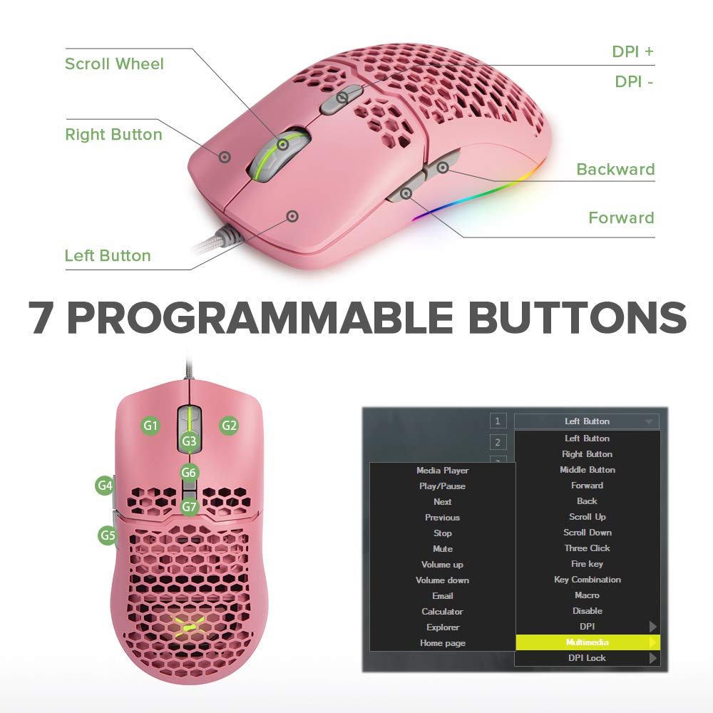 DeLUX 67G (2.36oz) Wired Lightweight Gaming Mouse with 7200DPI, RGB Backlit and 7 Programmable Buttons, Honeycomb Shell Gaming Optical Mouse for PC Computer Laptop(M700BU(A725)(Pink))