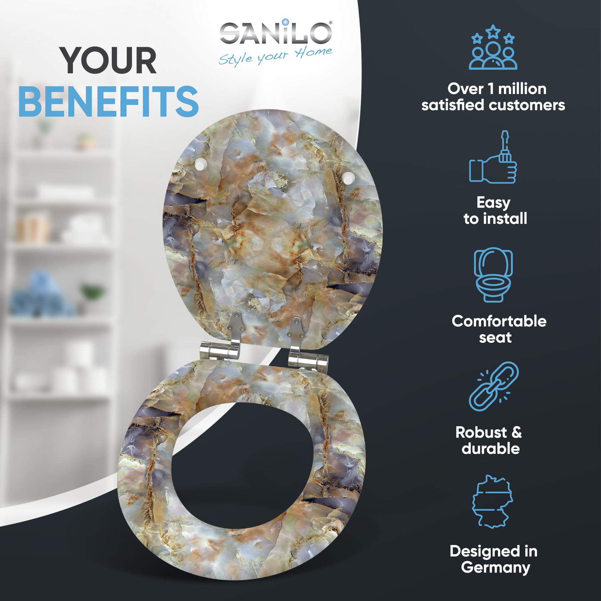 Sanilo Soft Close Toilet Seat ROUND, Quiet and Slow Close Lid and Seat, Strong Bumpers and Hinges, Marble Brown