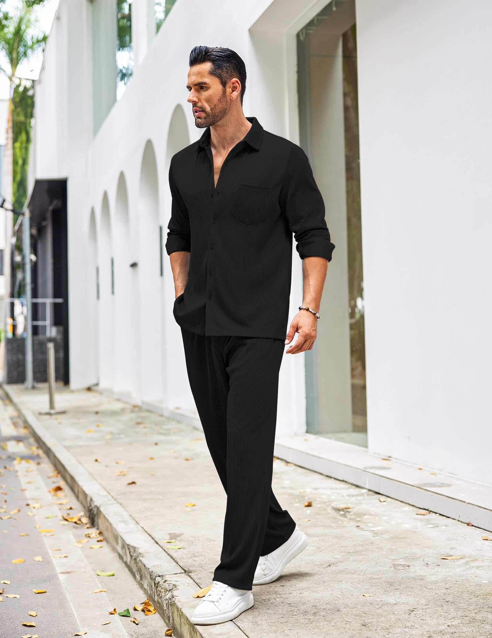 COOFANDY 2 Piece Set Long Sleeve Button Down Shirt and Pants Set Casual Loose Trousers Walking Suit for Men