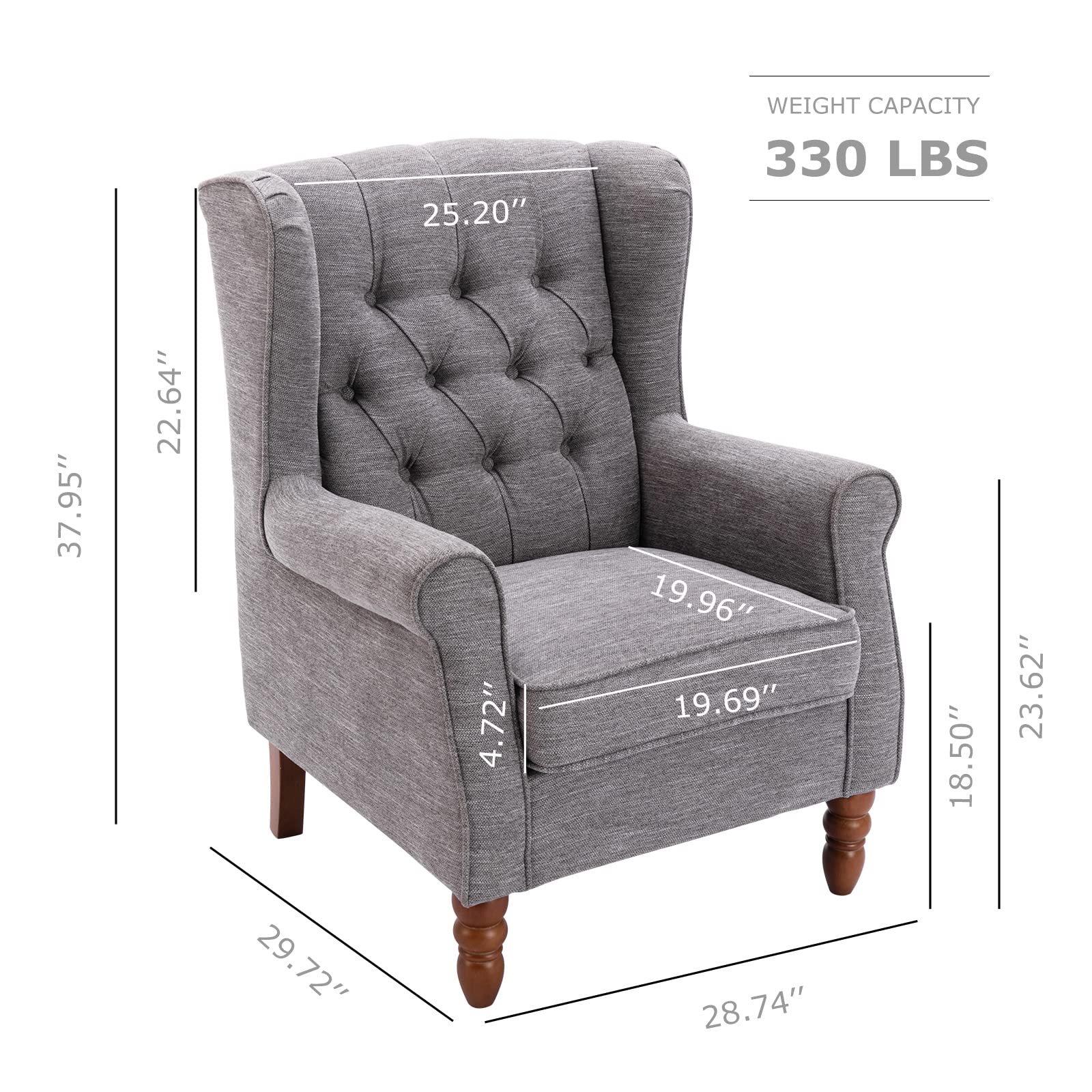 COLAMY Living Room Accent Chair, Thick Upholstered Button Tufted Wingback Armchair Fabric Mid-Century Modern Sofa Arm Chair, Solid Wood Legs Padding Seat, Grey