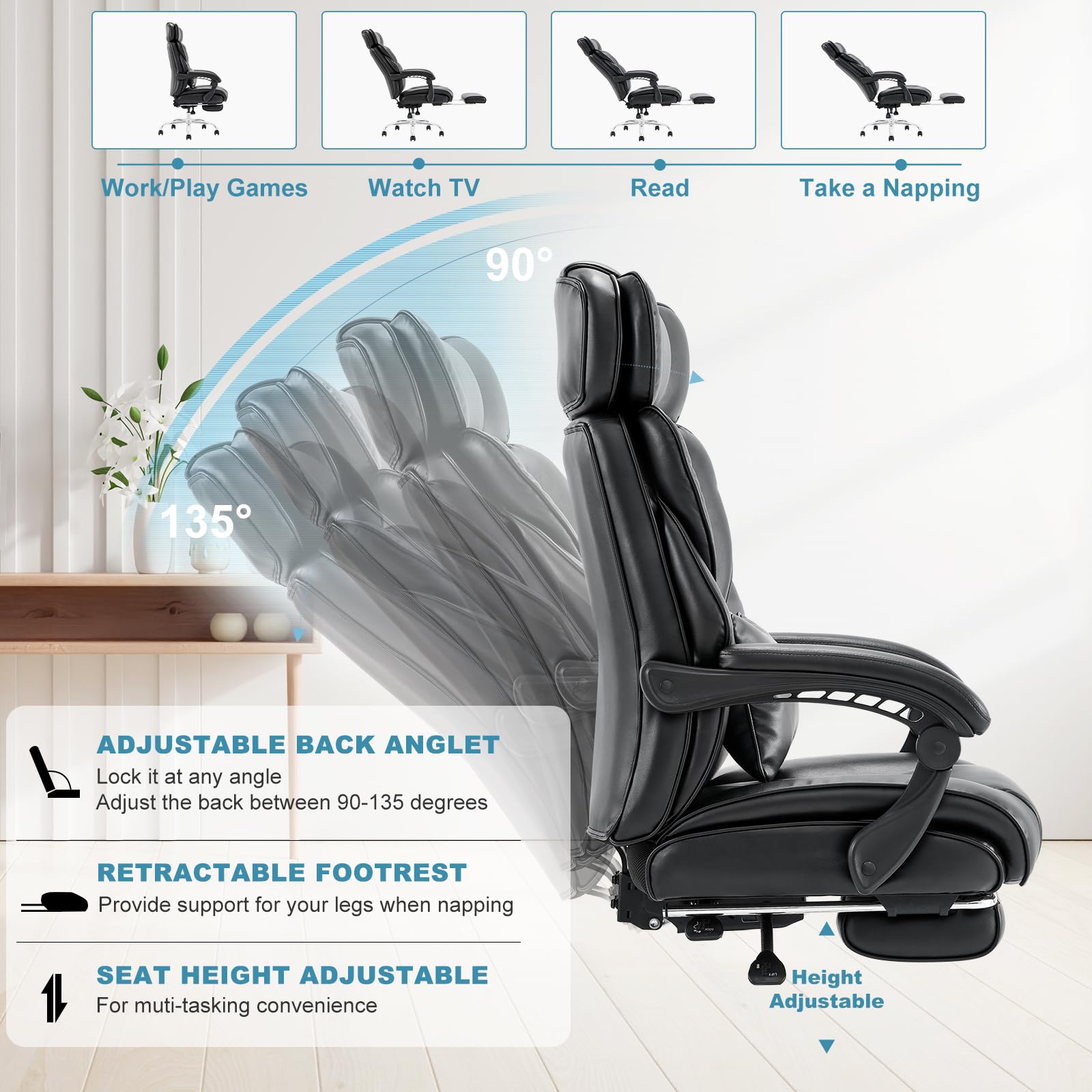 COLAMY Office Chair with Footrest-Ergonomic High Back Design Executive Computer Desk Chair with Removable Lumbar Pillow, 90-135°Reclining, Thick Bonded Leather for Home Office Work Comfort, Pink