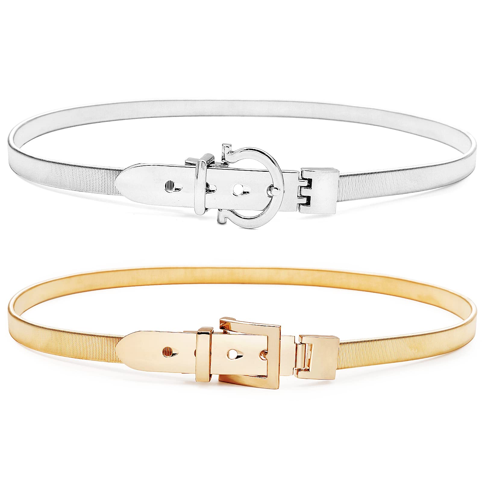 Glamorstar 2 Pieces Metal Stretch Elastic Waist Belt Skinny Thin Belt for Women Dress Set 7-Gold Silver
