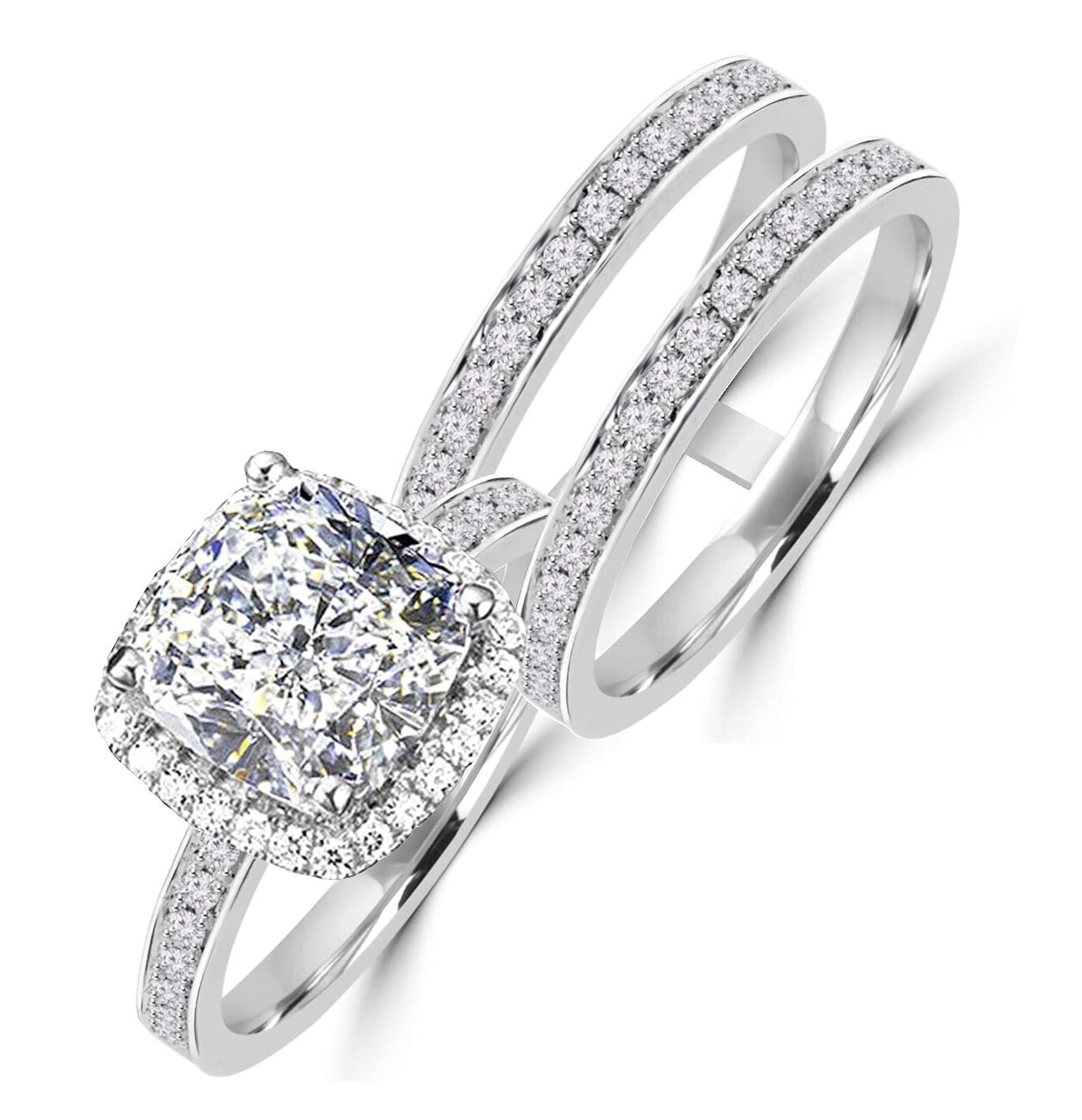 Diamonbella 101 Facets 2 Carat Princess Cushion Cut NSCD Simulated Diamond Ring Double Band Set 925 Silver Platinum Plated Halo (7)