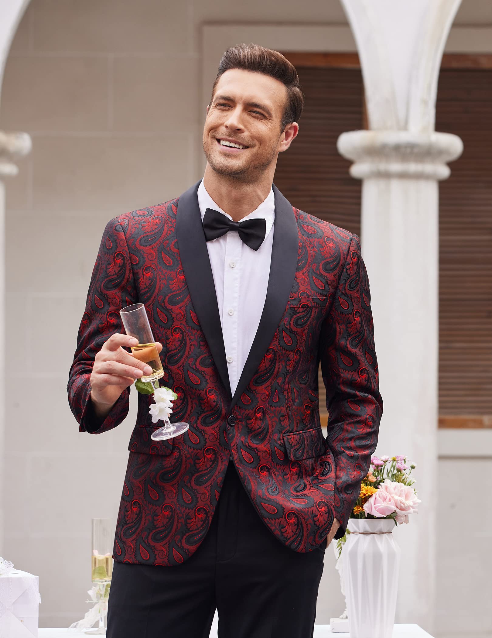 COOFANDY Mens Floral Tuxedo Jacket Paisley Shawl Lapel Suit Blazer Jacket for Dinner,Prom,Wedding Wine Red