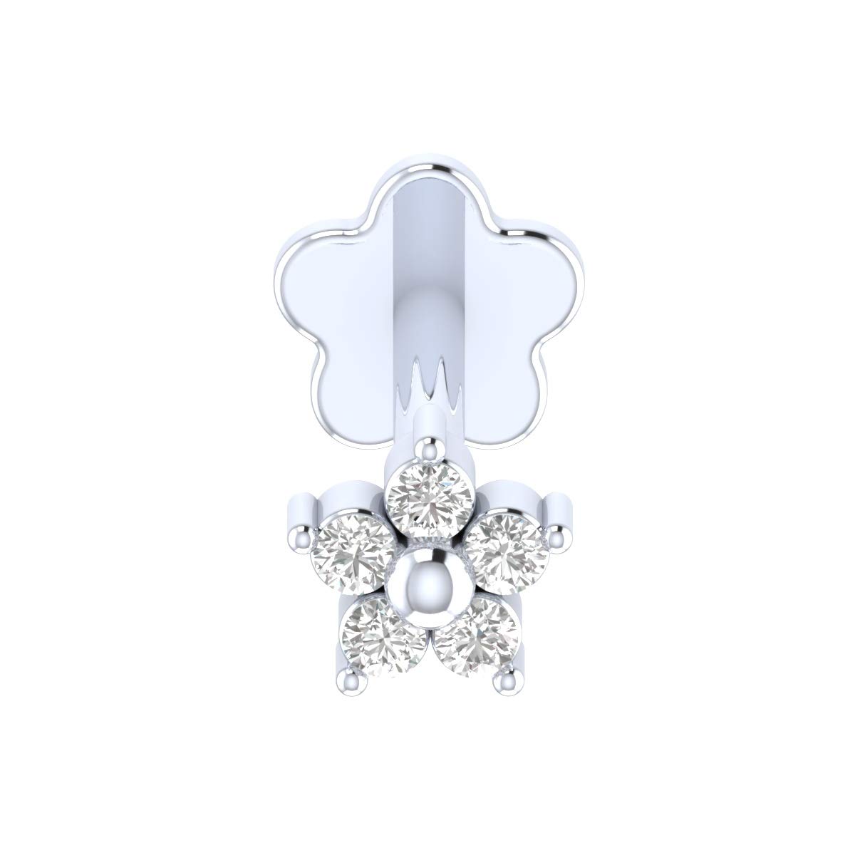 Demira Jewels Natural Diamond 14K White Gold 5-Stone Natural Diamond Flower Nose Pin, Lip Labret, Monroe Ring, Stud, Screw - 8mm Long, 16 Gauge