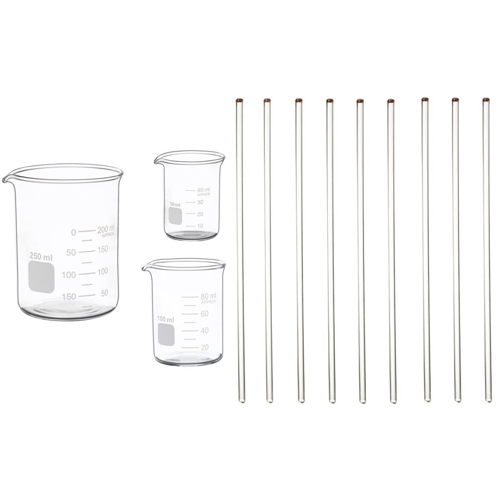 Glass Measuring Low Form Beaker Set 50ml 100ml 250ml 9pcs Glass Stir Sticks Glass Stirring Rod 12" Long 1/4'' Diameter
