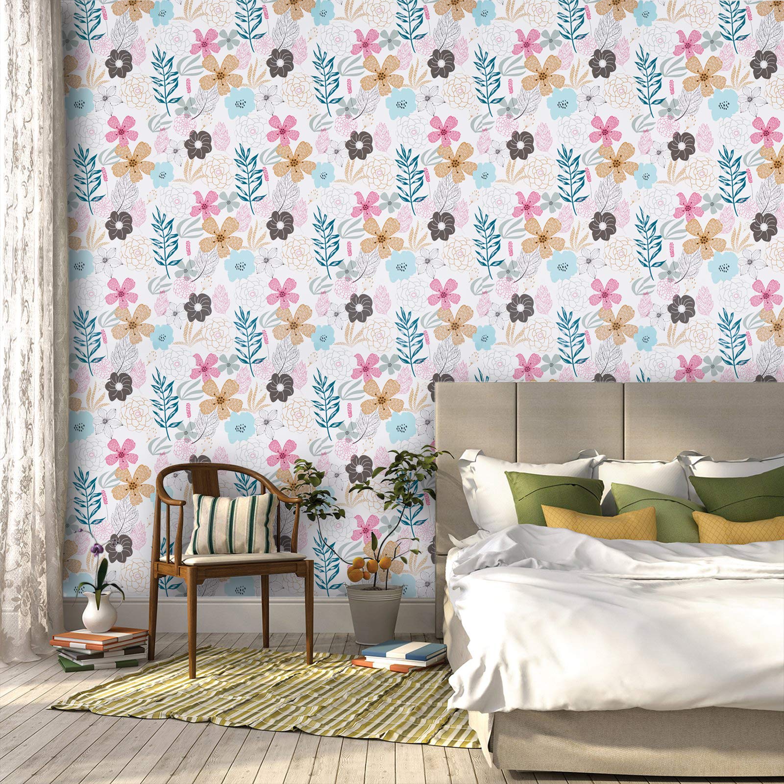 Mecpar Floral Wallpaper 17.71'' x 118'' Perennial Blooms Peel and Stick Vinyl Self Adhesive Removable Waterproof Wallpaper for Bathroom Cabinet Prepasted Decorative