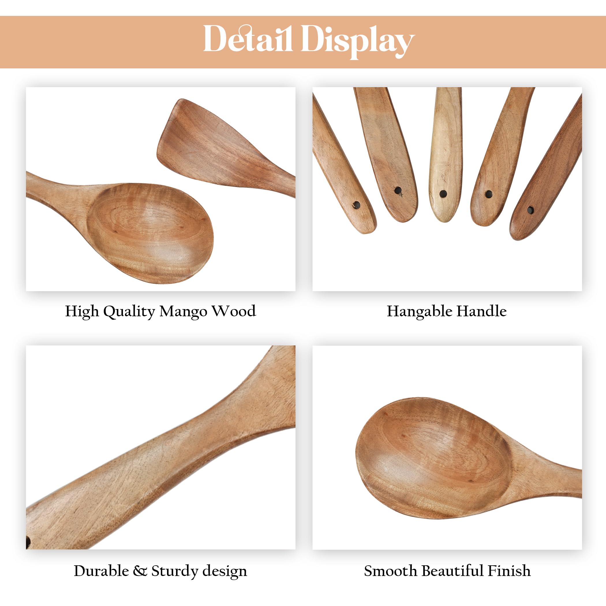 Cooking Utensils Set, Nonstick Wooden Spoons for Cooking, Cookware Sets, Kitchen Essentials, Kitchen Appliances, Kitchen Utensils Tool Set, Housewarming Gift, Mangowood Kitchen Utensils Set Pack of 5