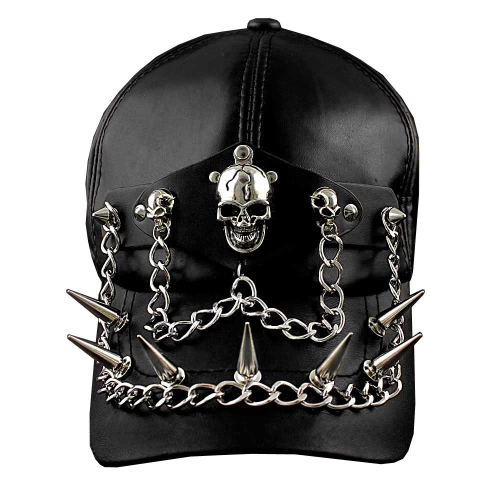 Cool Spike Goth Skull Real Leather Cap Bassbal Hat Men's Biker Punk Rock Black
