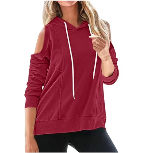 Cold Shoulder Tops for Women 2023 Hooded Sweatshirt Casual Loose Drawstring Hoodies Pullover Solid Color Fall Clothes Orders Placed By Me Fall Winter Fashion Trendy Casual