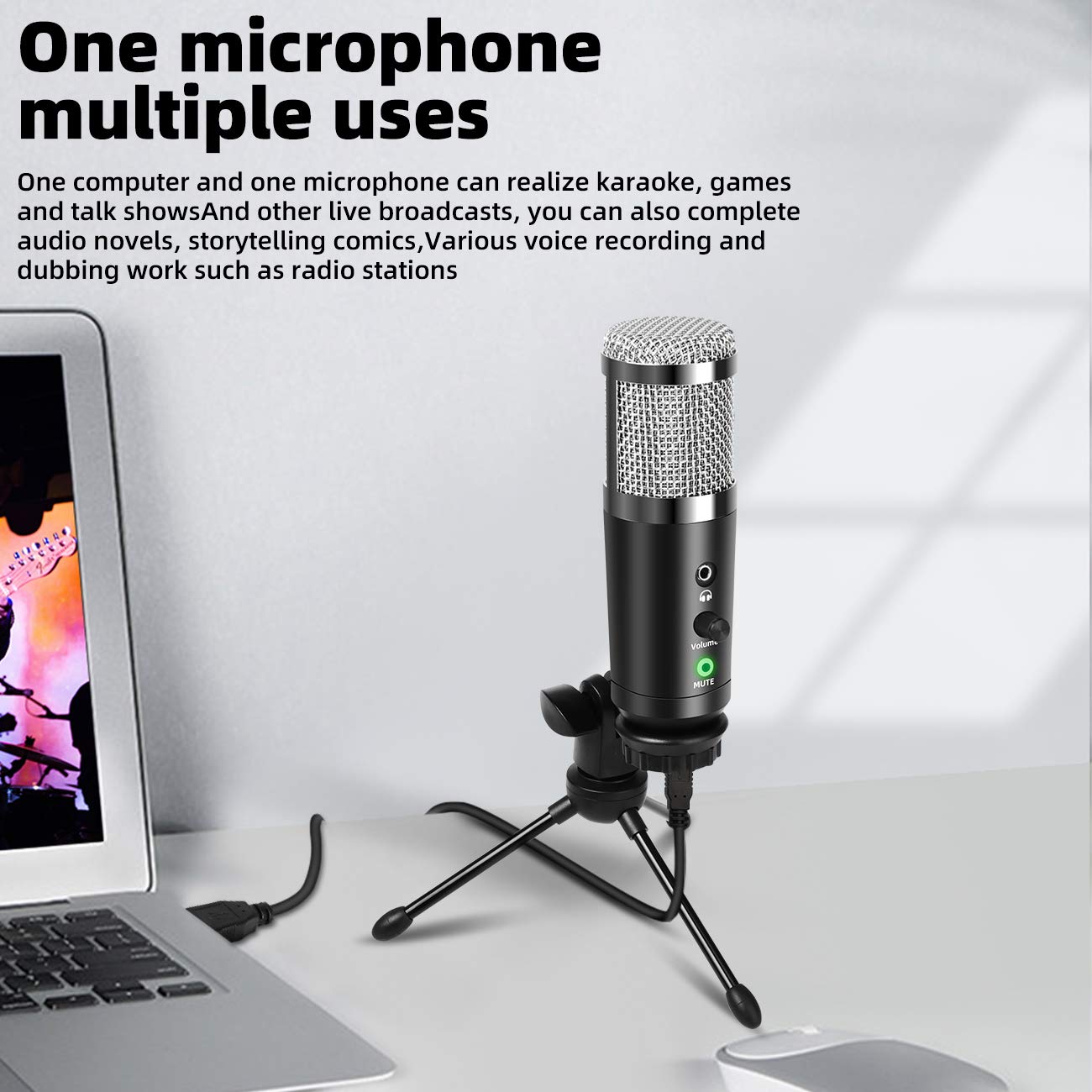 Depusheng USB Mic for Recording Remote Work, Online Class,Game,and Streaming on PC and Mac, Headphone Output and Volume Control, Metal Condenser Computer Recording Microphone,Plug and Play,Black