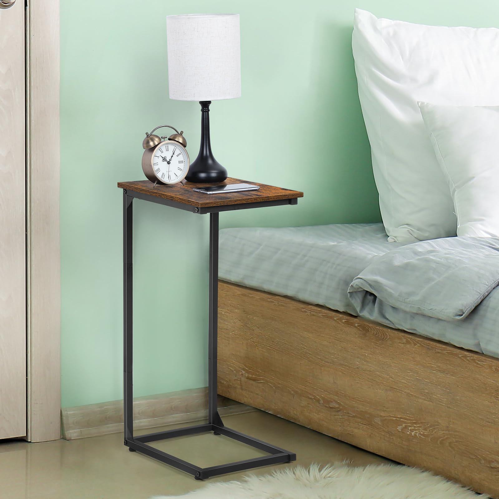 SZJUANWANG Couch Tables That Slide Under, C-Shaped End Table Set of 2, Small Side Table for Small Spaces with Metal Frame, Living Room, Bedroom, Rustic Brown